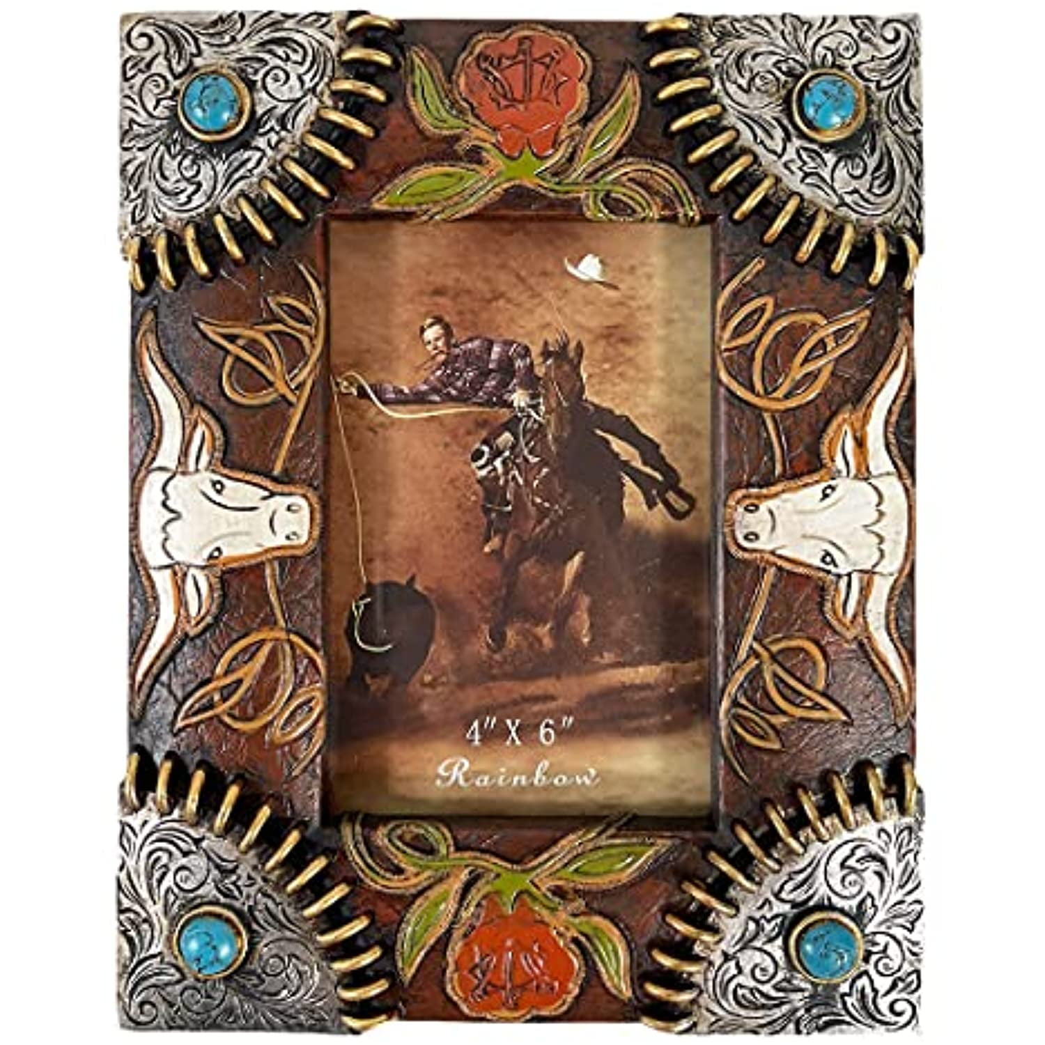 Urbalabs Cowboy Longhorn and Teal Stone Western Decor Picture Frame 4 x ...