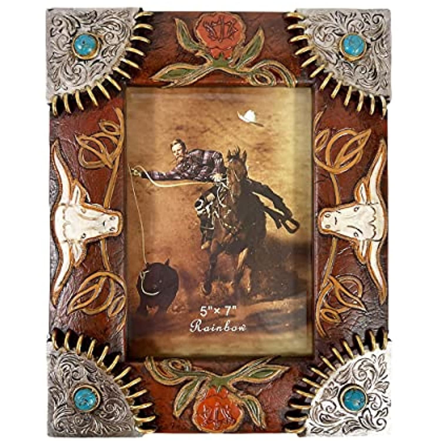 Urbalabs Cowboy Longhorn and Teal Stone Western Decor Picture Frame 5 x ...