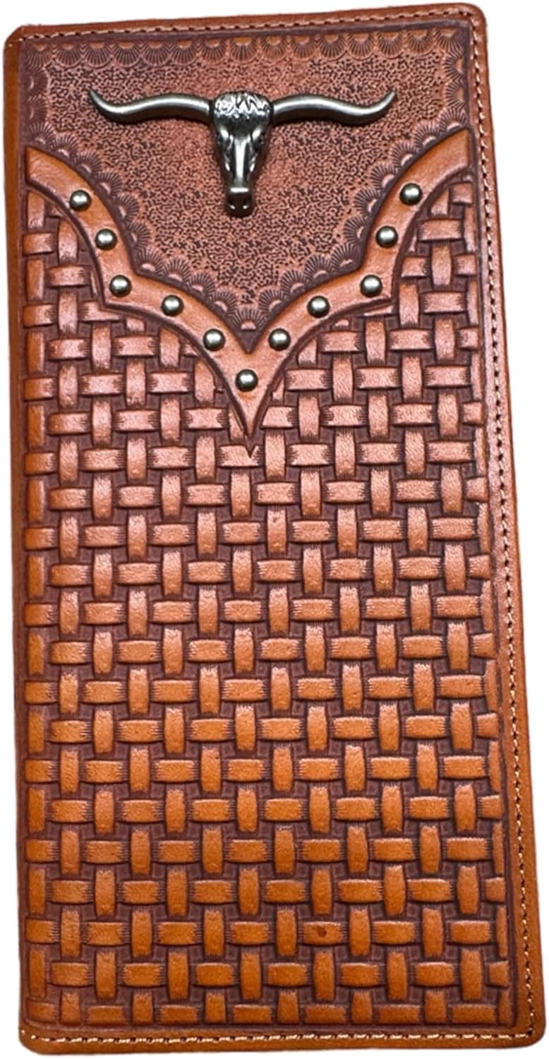 Urbalabs Mens Long Wallet Basketweave Tooled Leather Longhorn Concho ...