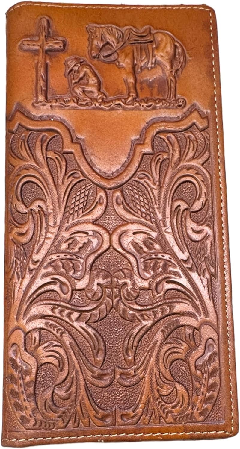 Urbalabs Mens Long Wallet Cowboy Praying at Cross Tooled Leather ...