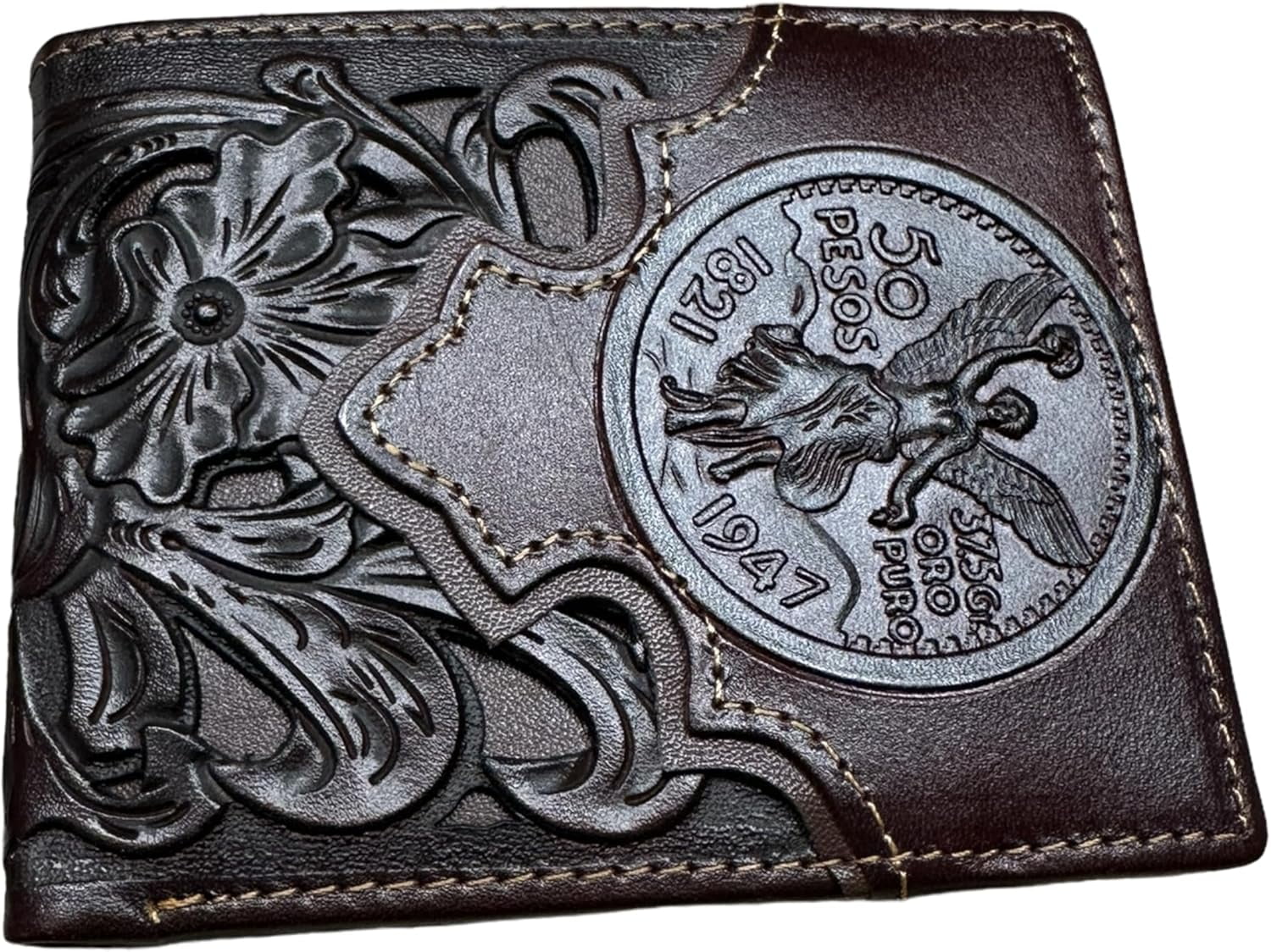 Urbalabs Mens Wallet Floral Cutout Layered Coffee Brown Leather Mexican ...