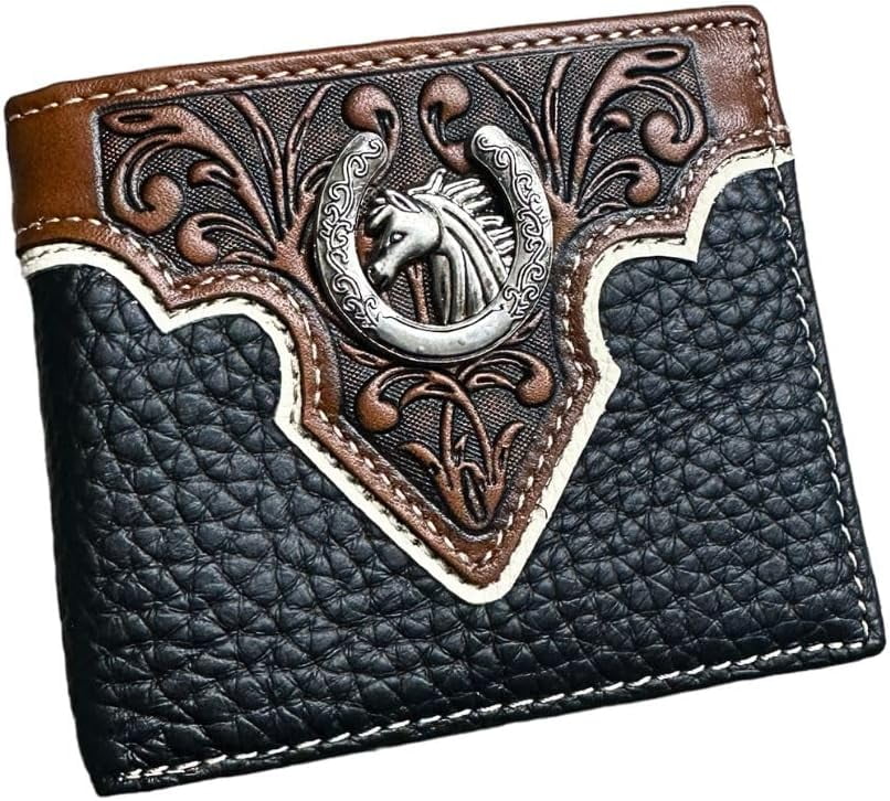Urbalabs Mens Wallet Horse and Horseshoe Engraved Soft Black Leather ...