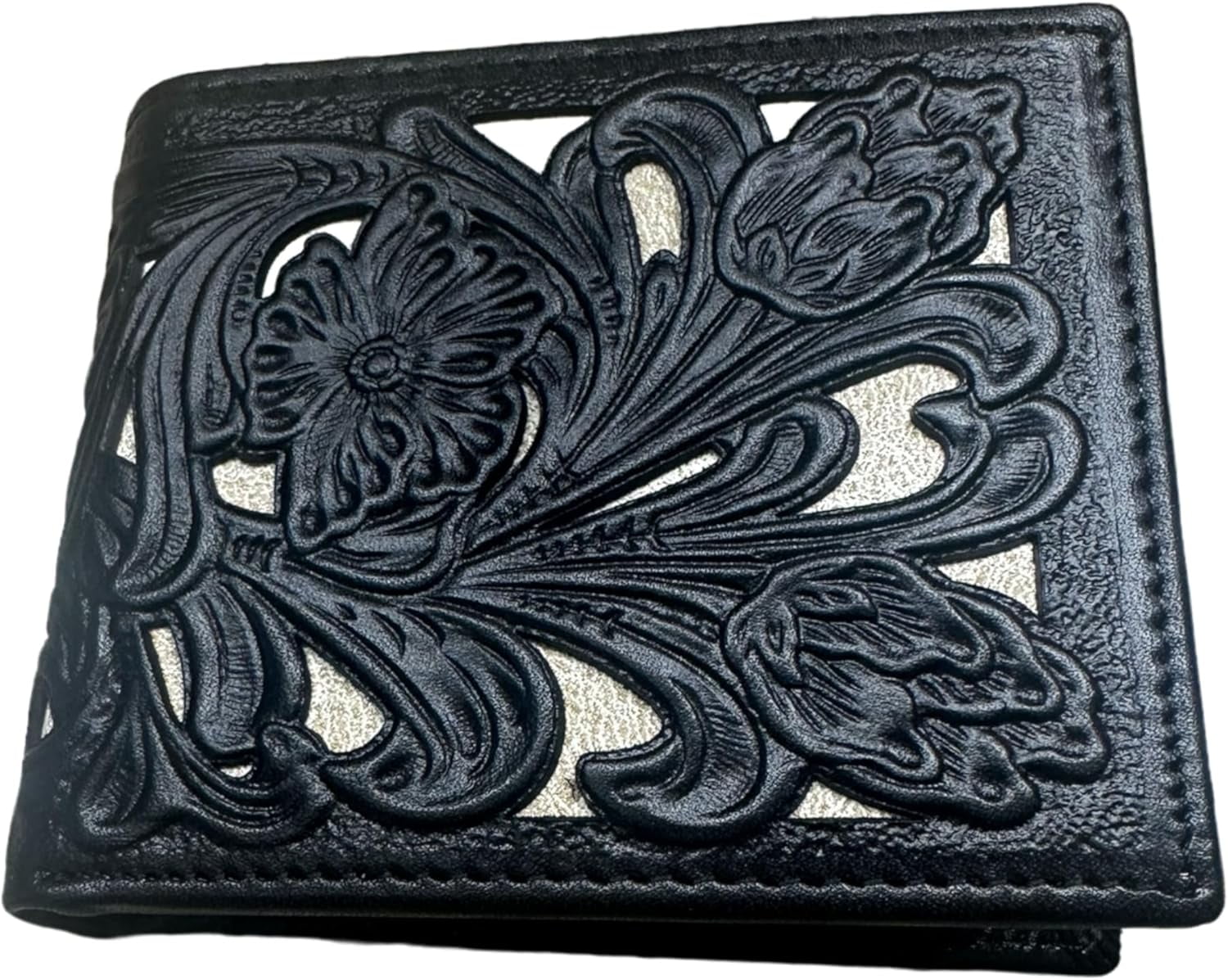 Urbalabs Mens Western Wallet Floral Cutout Layered Leather Black White ...
