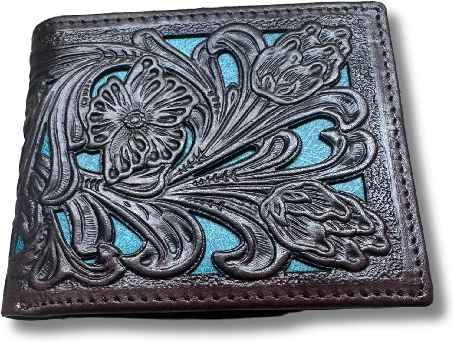 Urbalabs Mens Western Wallet Floral Cutout Layered Leather Coffee Teal ...
