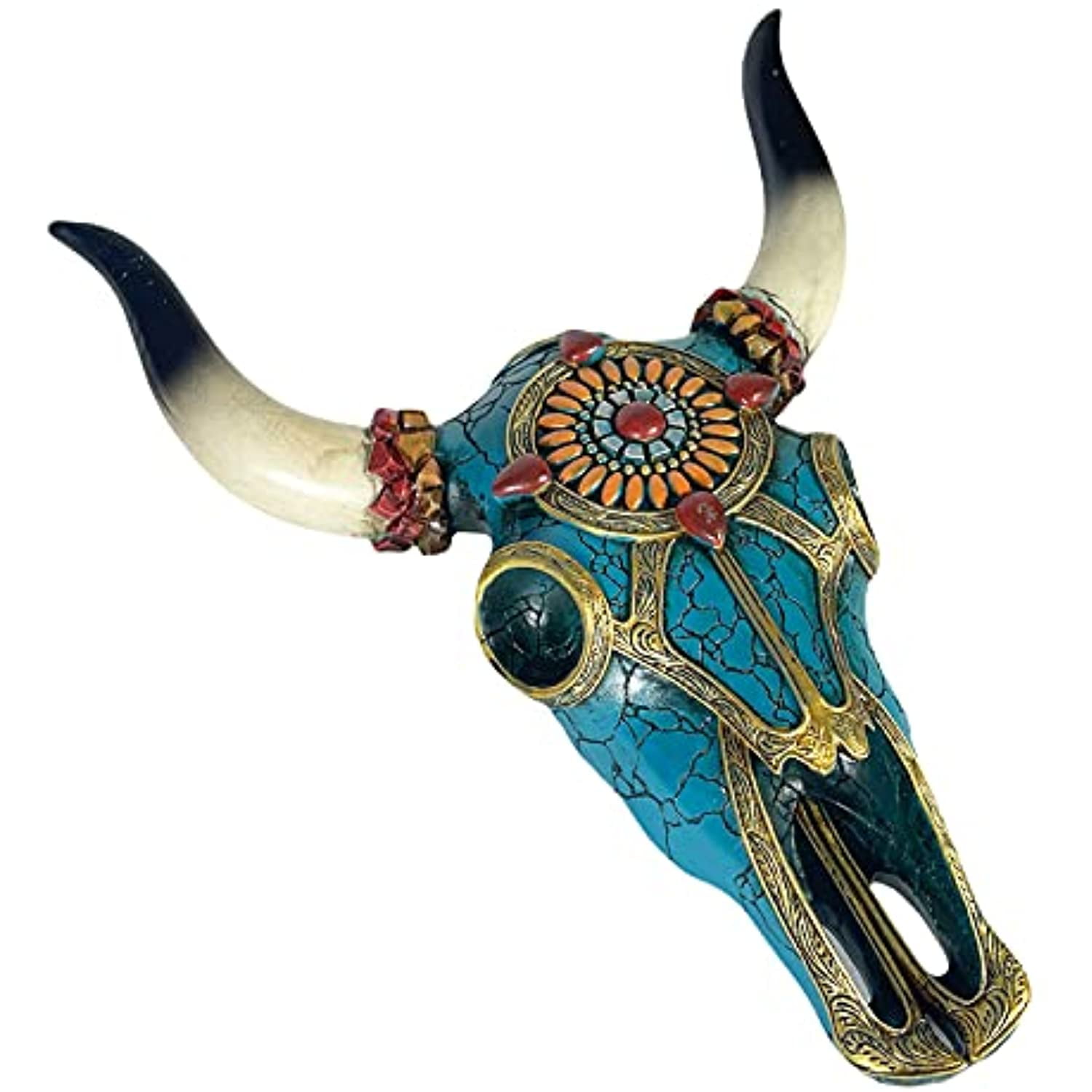 Urbalabs Teal & Gold Western Gem Stone Longhorn Cow Skull and Horns ...