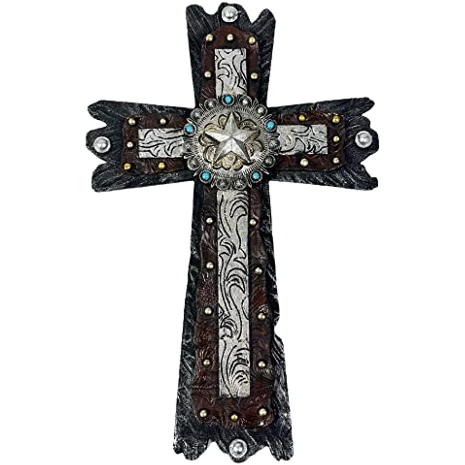 Urbalabs Western 12 Inch Wall Cross Silver Star Concho Studded Teal ...
