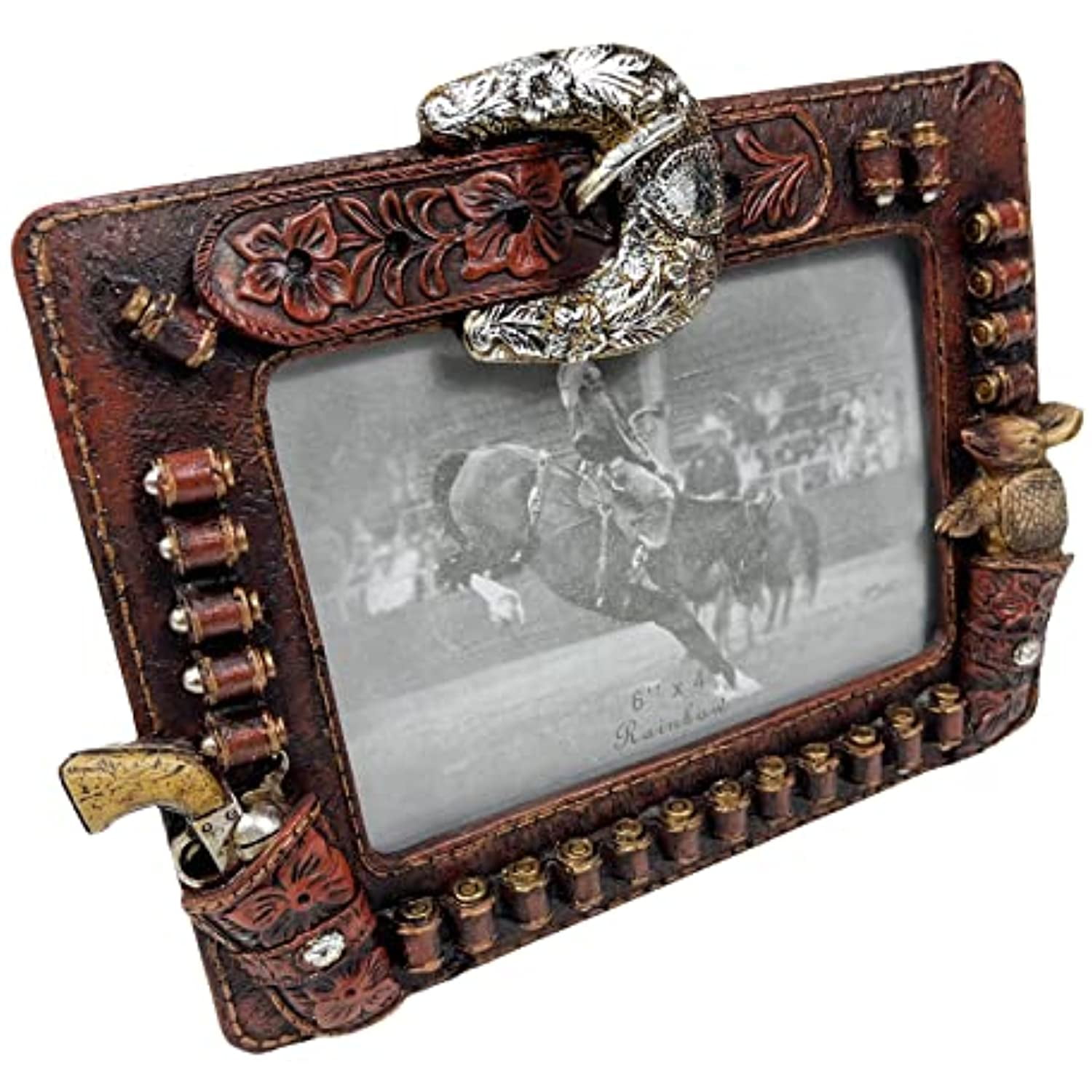 Urbalabs Western Cowboy Belt Buckle Pistol and Armadillo Brown Tooled ...