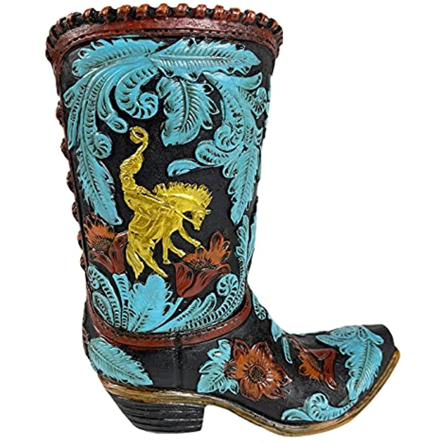 Urbalabs Western Cowboy Boot Floral Flower Vase Teal and Brown Golden ...
