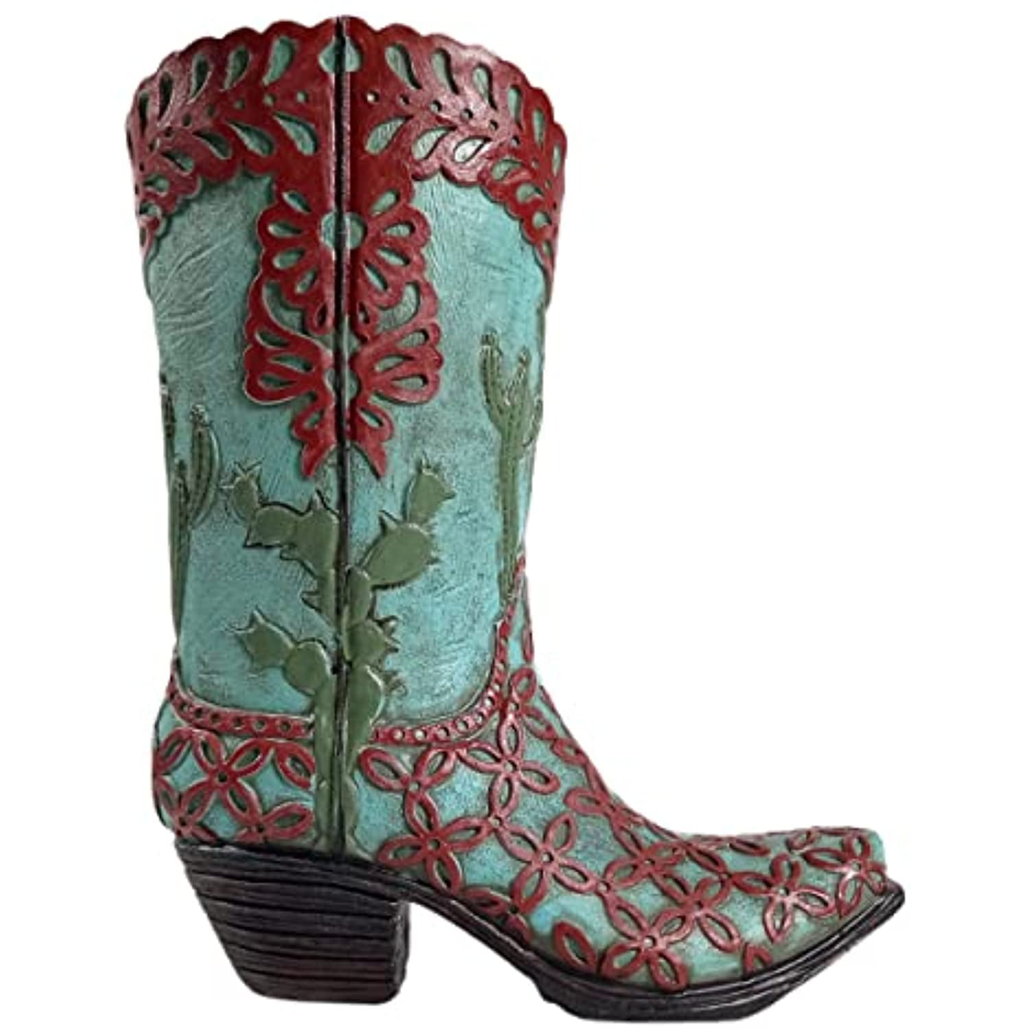 Urbalabs Western Cowboy Boot Vase 9 Inch Floral Teal Cactus Brown Lace ...