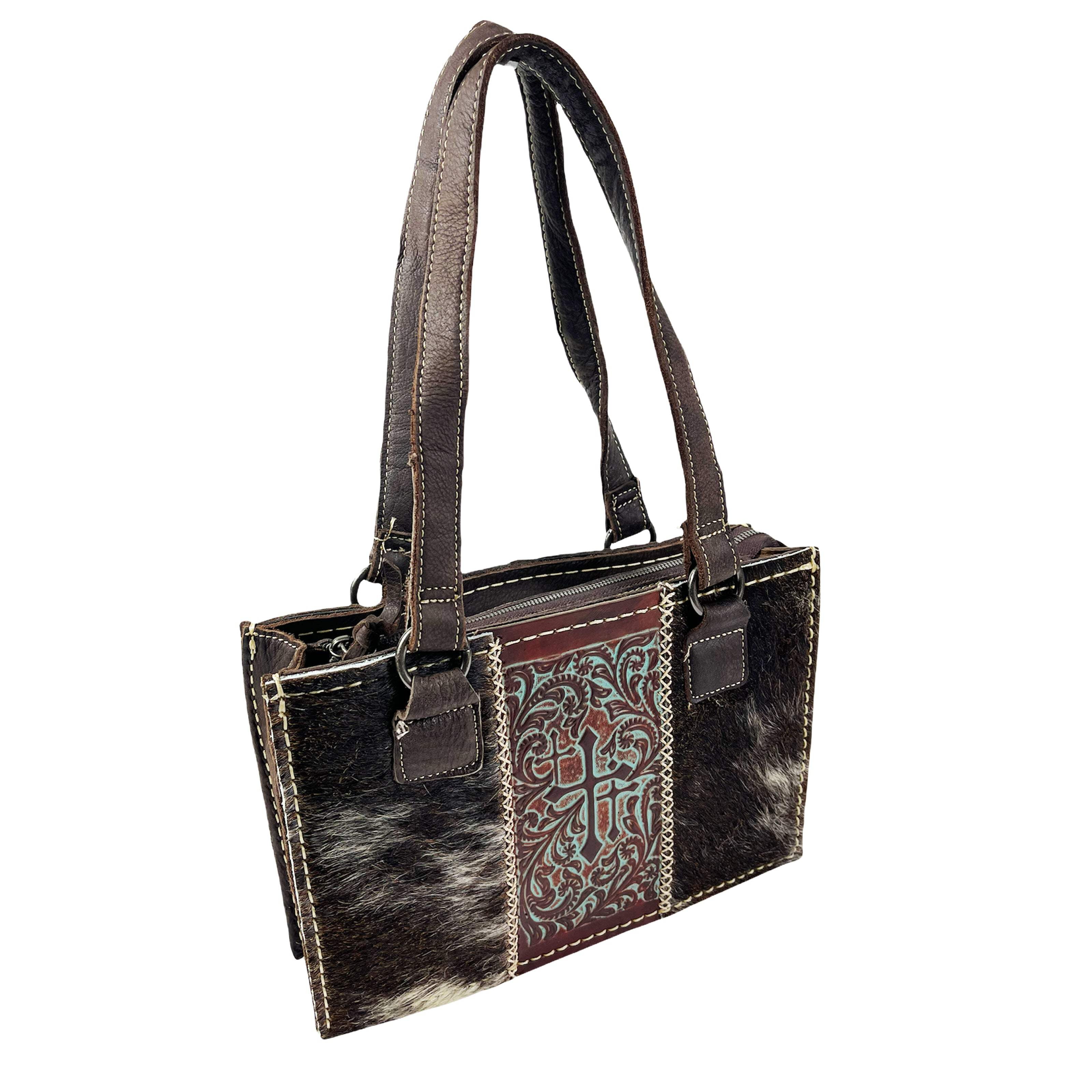 Urbalabs Western Genuine CowHair Tooled Crosses Leather Purse Handbag ...