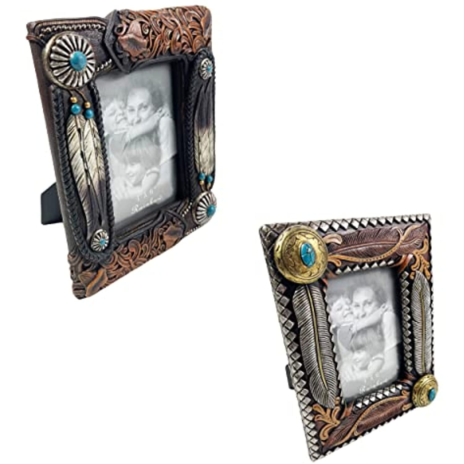 Urbalabs Western Western Feather Floral Teal Gem Cowboy Two Photo Frame ...