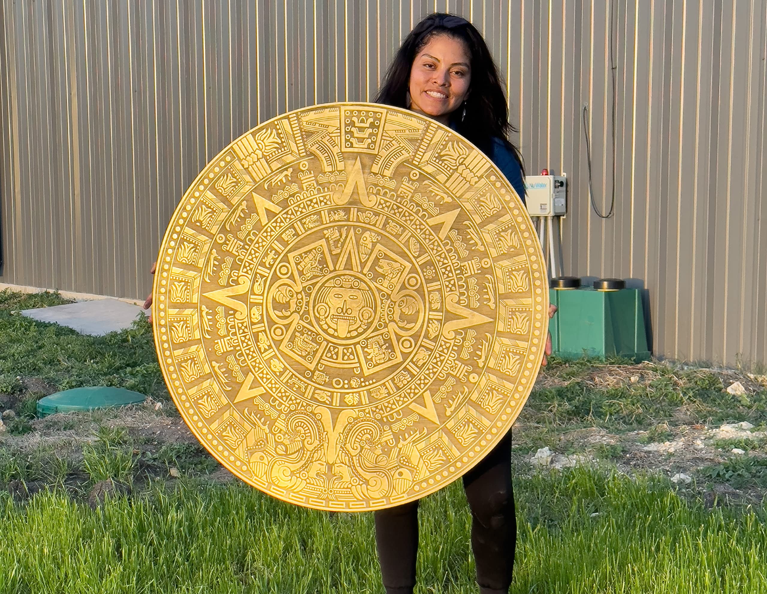 Urbalabs Wood Aztec Calendar Wall Decor 38" Inch Gold Wall Hanging ...