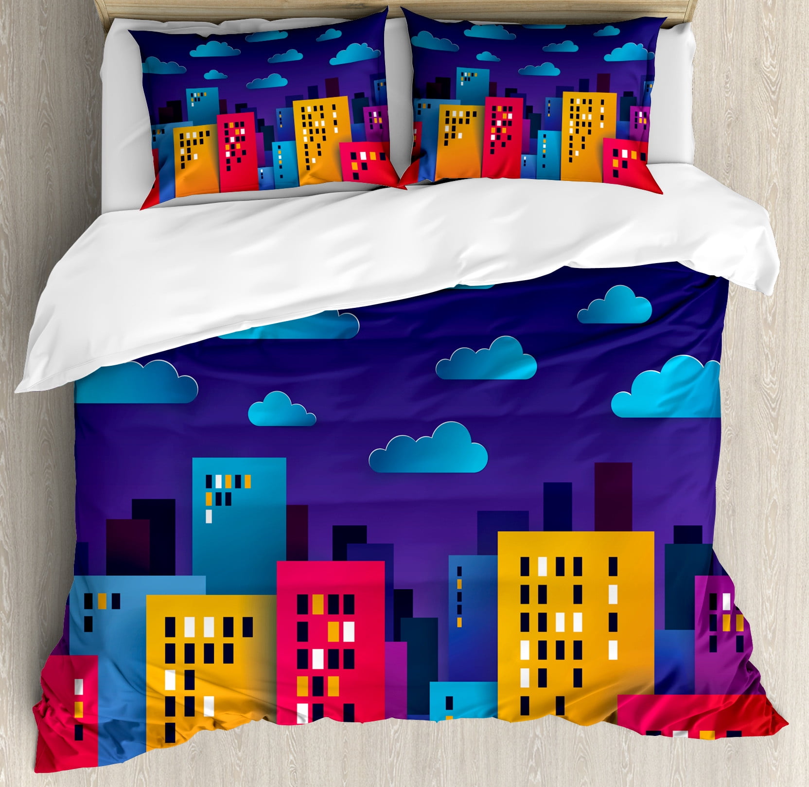 Urban Art Duvet Cover Set, Colorful Cartoon of Business Skyline Clouds ...