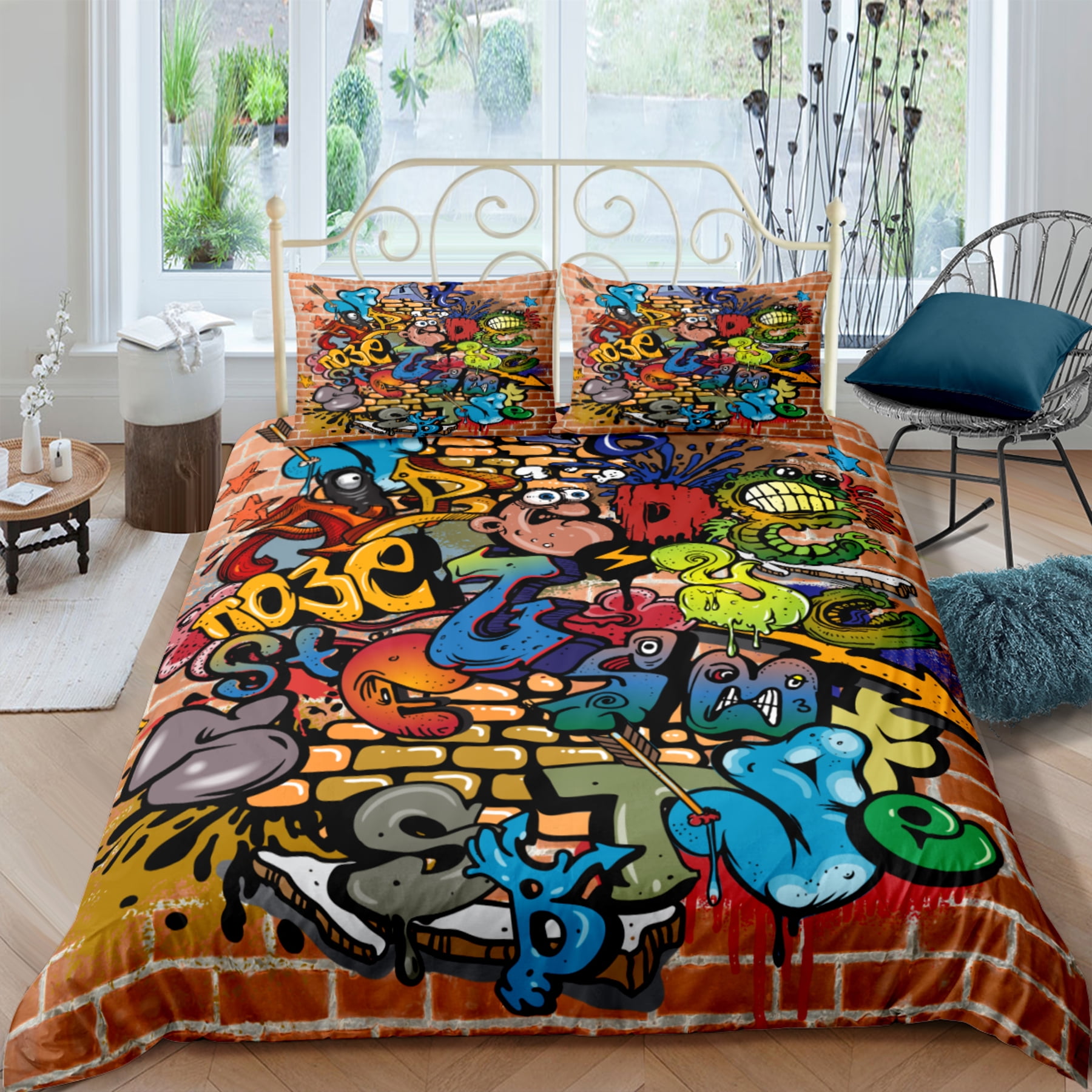 Urban Art Graffiti Bedding Set Colorful Brick Wall Design with Playful Characters - Full Queen ...