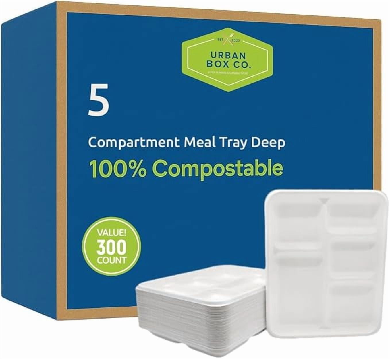 Urban Box Co. 5 Compartment Compostable Meal Trays, 300 Pack, Extra ...
