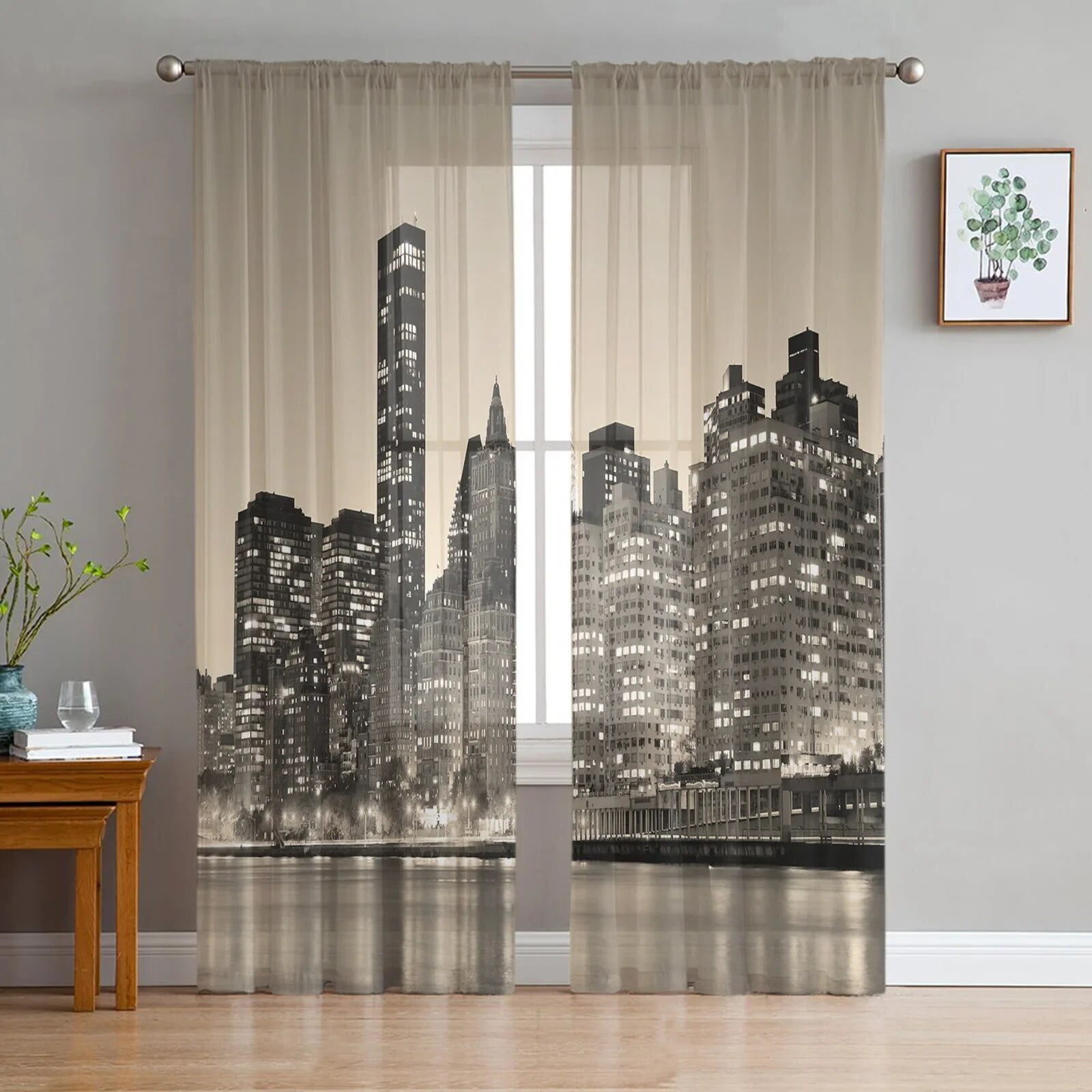 Urban Bridge Brooklyn Sunset City Building Tulle Sheer Window Curtains ...