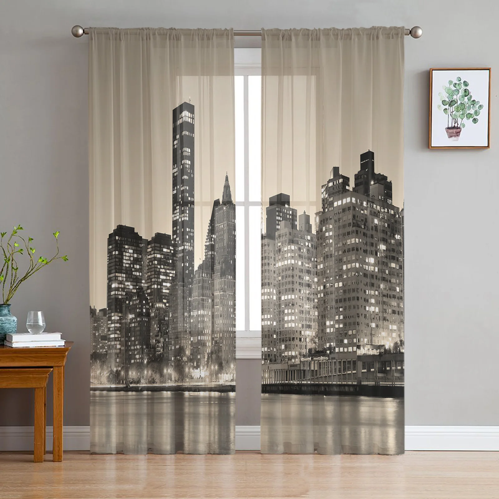 Urban Bridge Brooklyn Sunset City Building Tulle Sheer Window Curtains ...