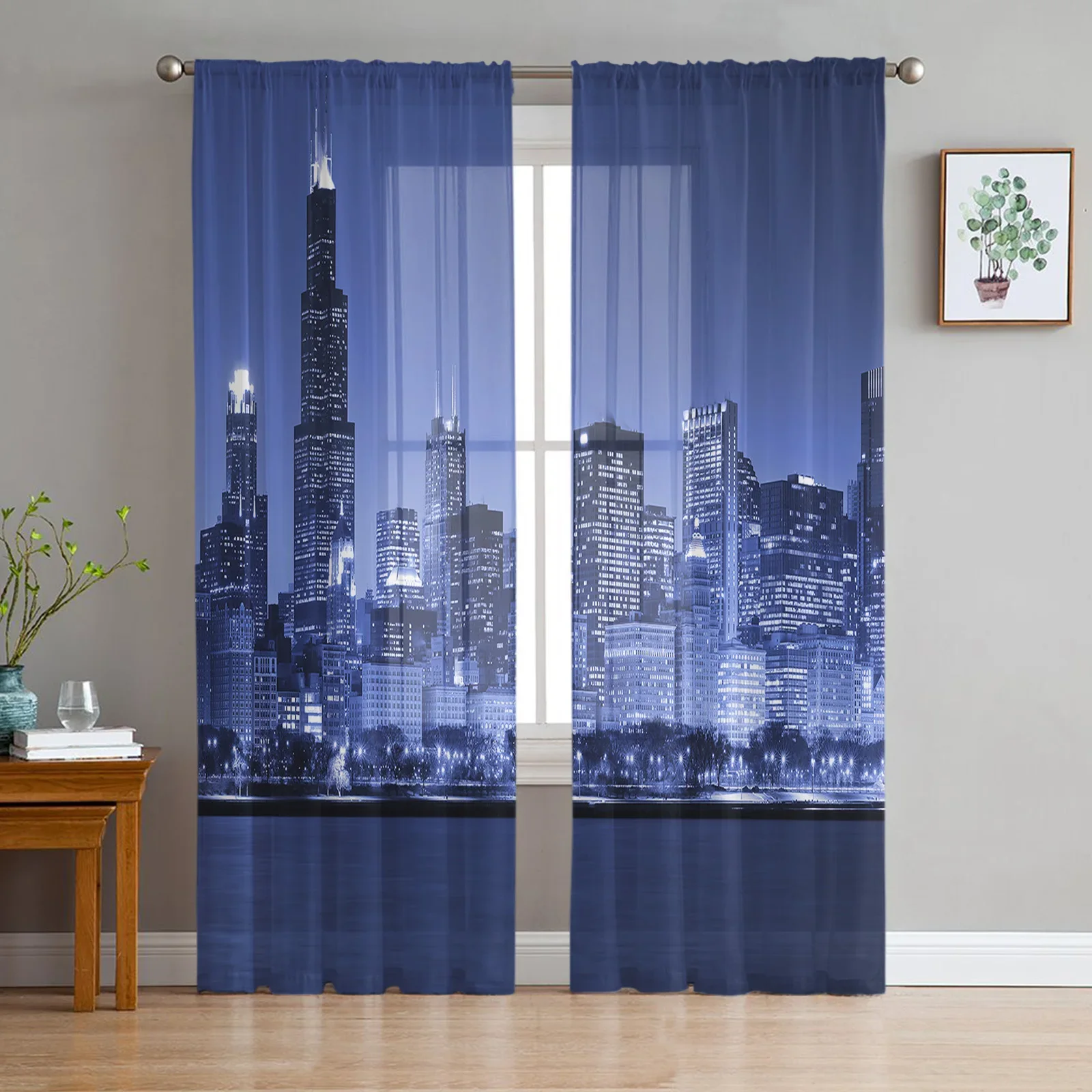Urban Bridge Brooklyn Sunset City Building Tulle Sheer Window Curtains ...