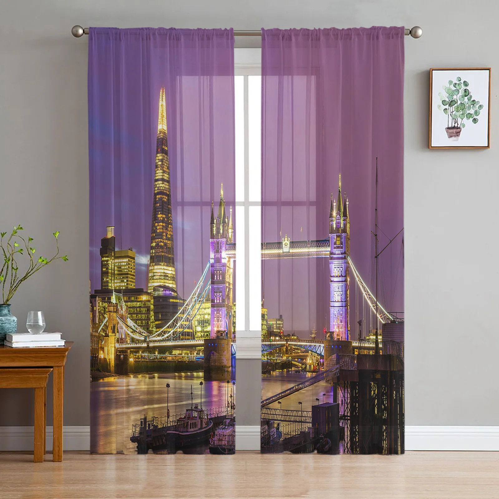 Urban Bridge Brooklyn Sunset City Building Tulle Sheer Window Curtains ...