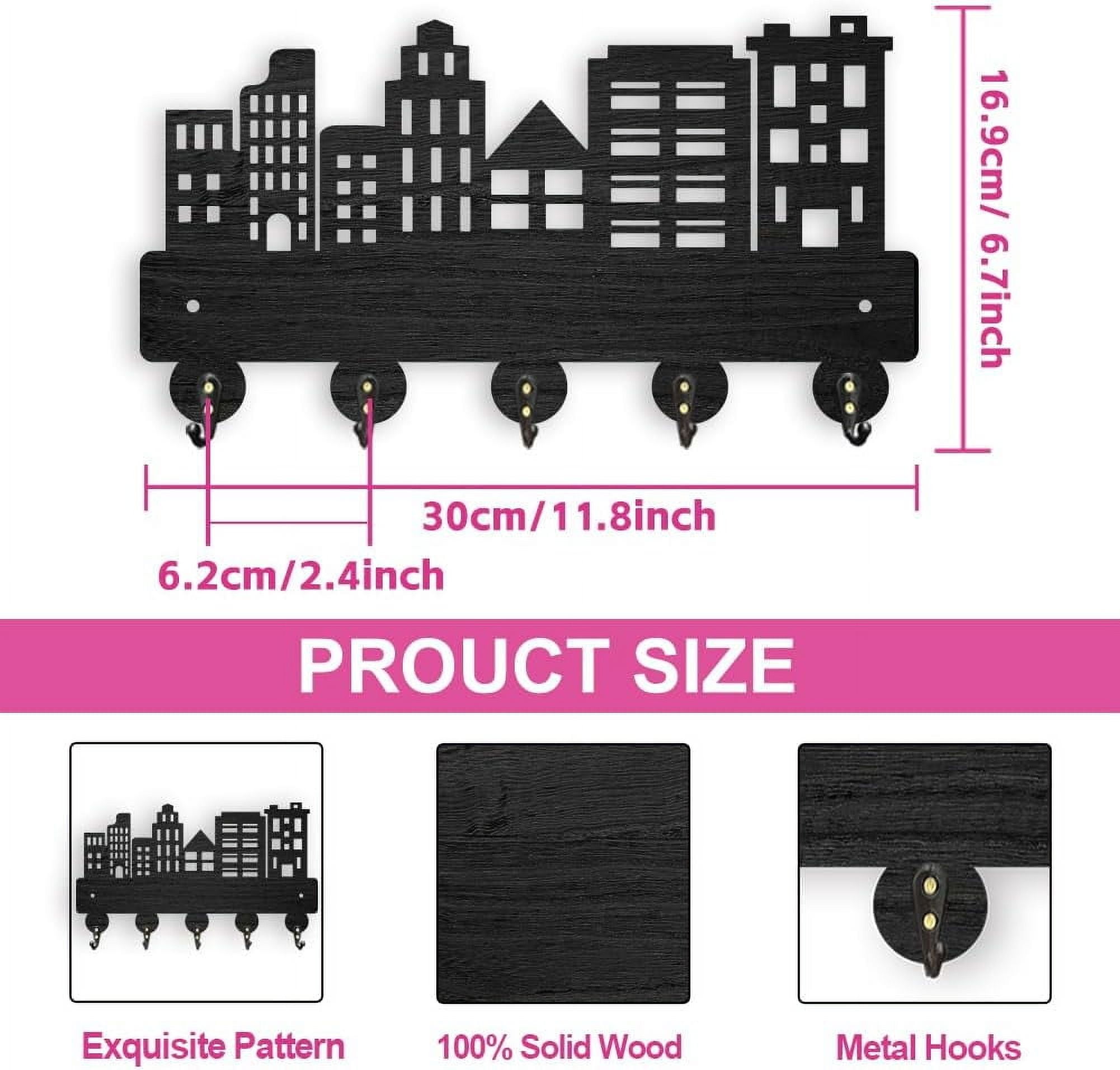 Urban Buildings Wooden Key Holder for Wall Wood Rack with 5 Metal Hooks ...