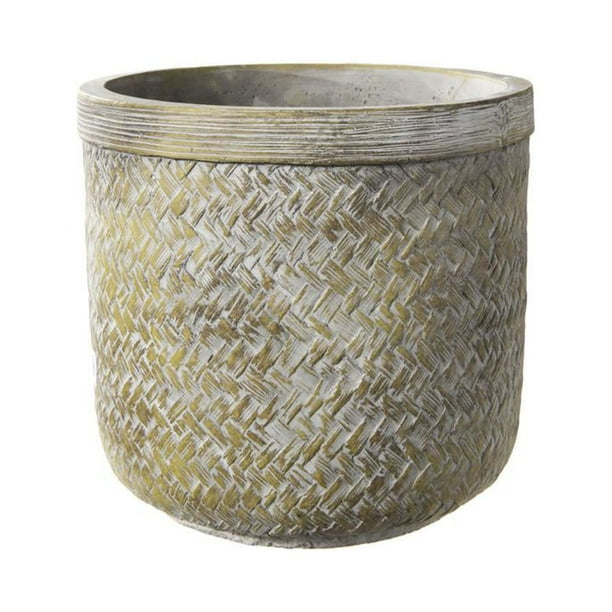 Urban Cement Round Pot with Banded Lip and Basket Weaved Design Body ...