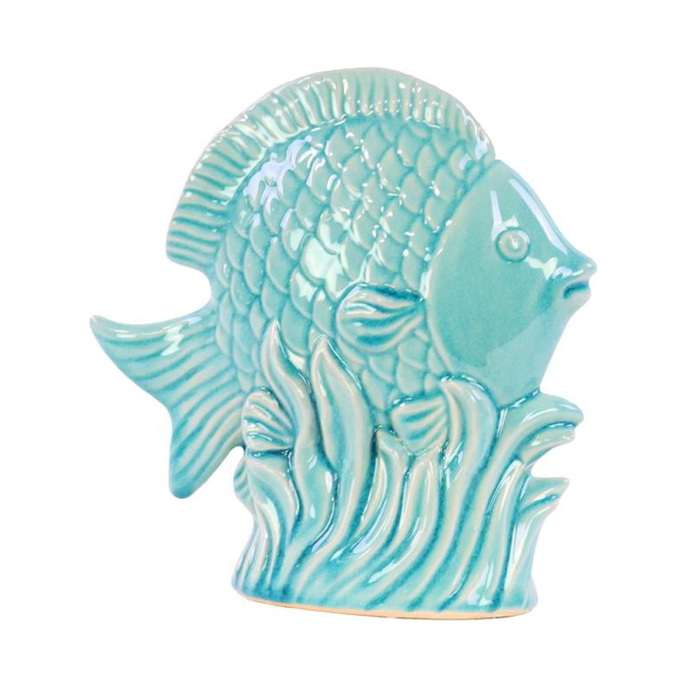 Urban Ceramic Fish Figurine on Seagrass Base Gloss Finish Turquoise ...