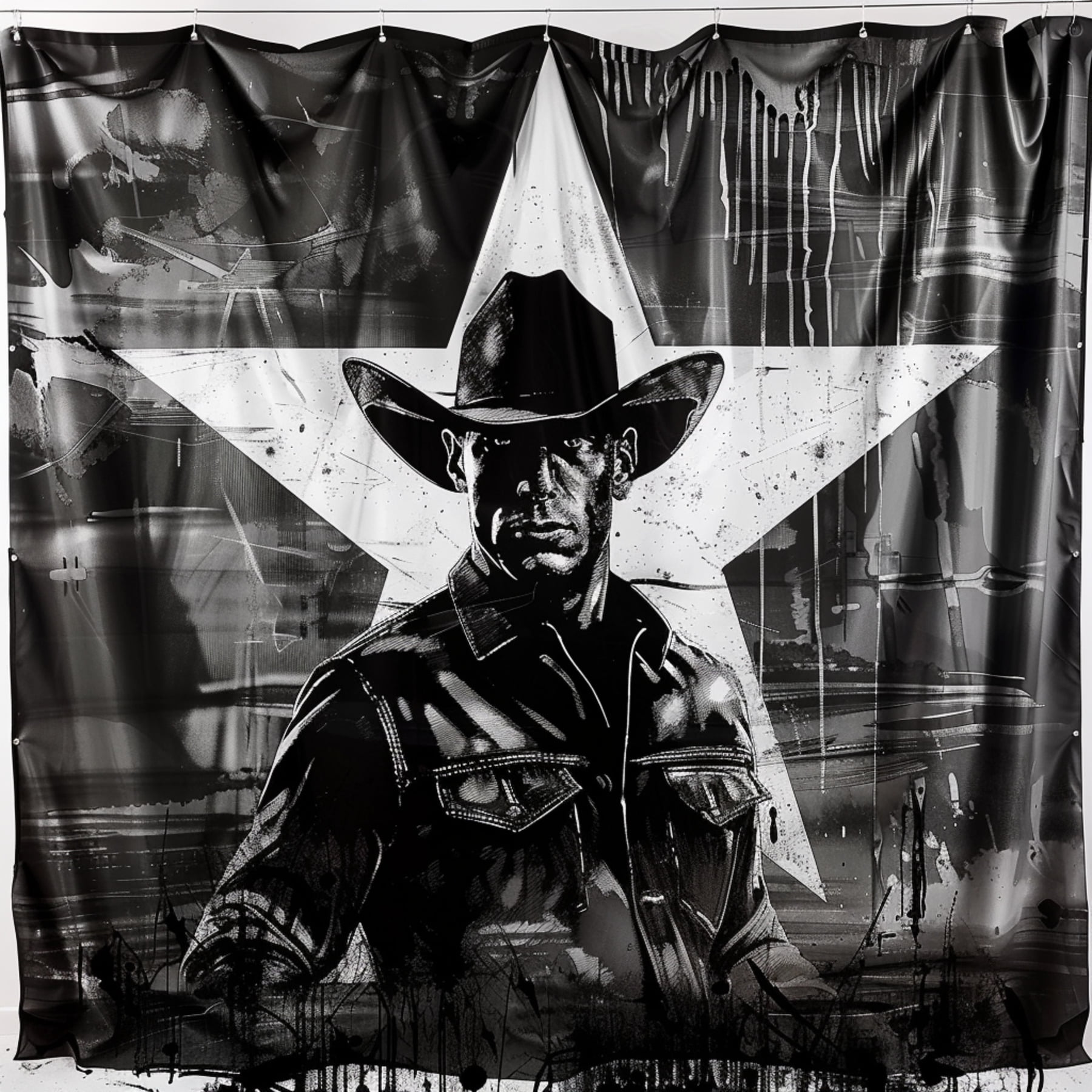 Urban Cowboy Star Graffiti Shower Curtain Ultra Realistic Black and ...