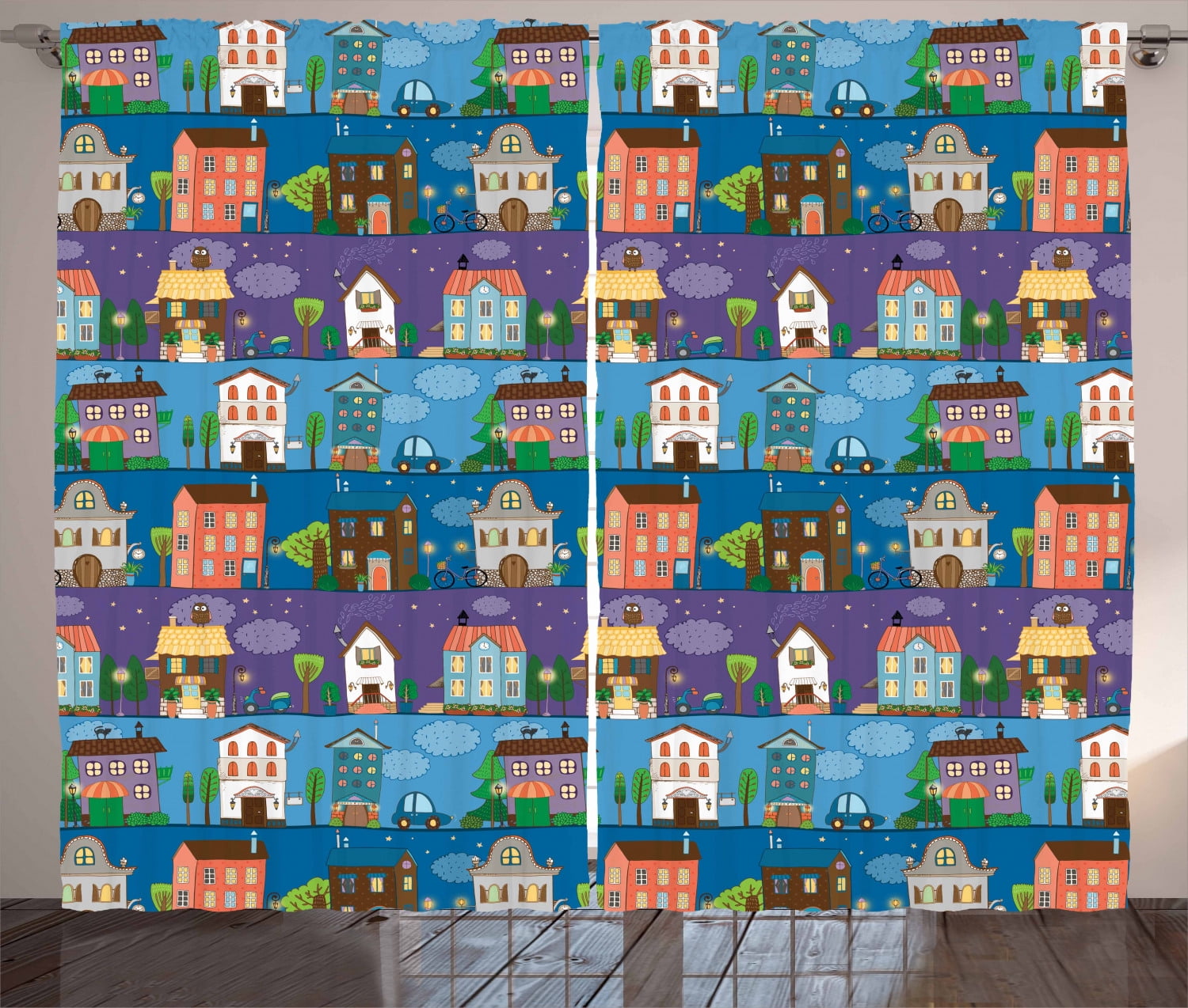 Urban Curtains 2 Panels Set, Hand Drawn Style Colorful Townhouses City ...