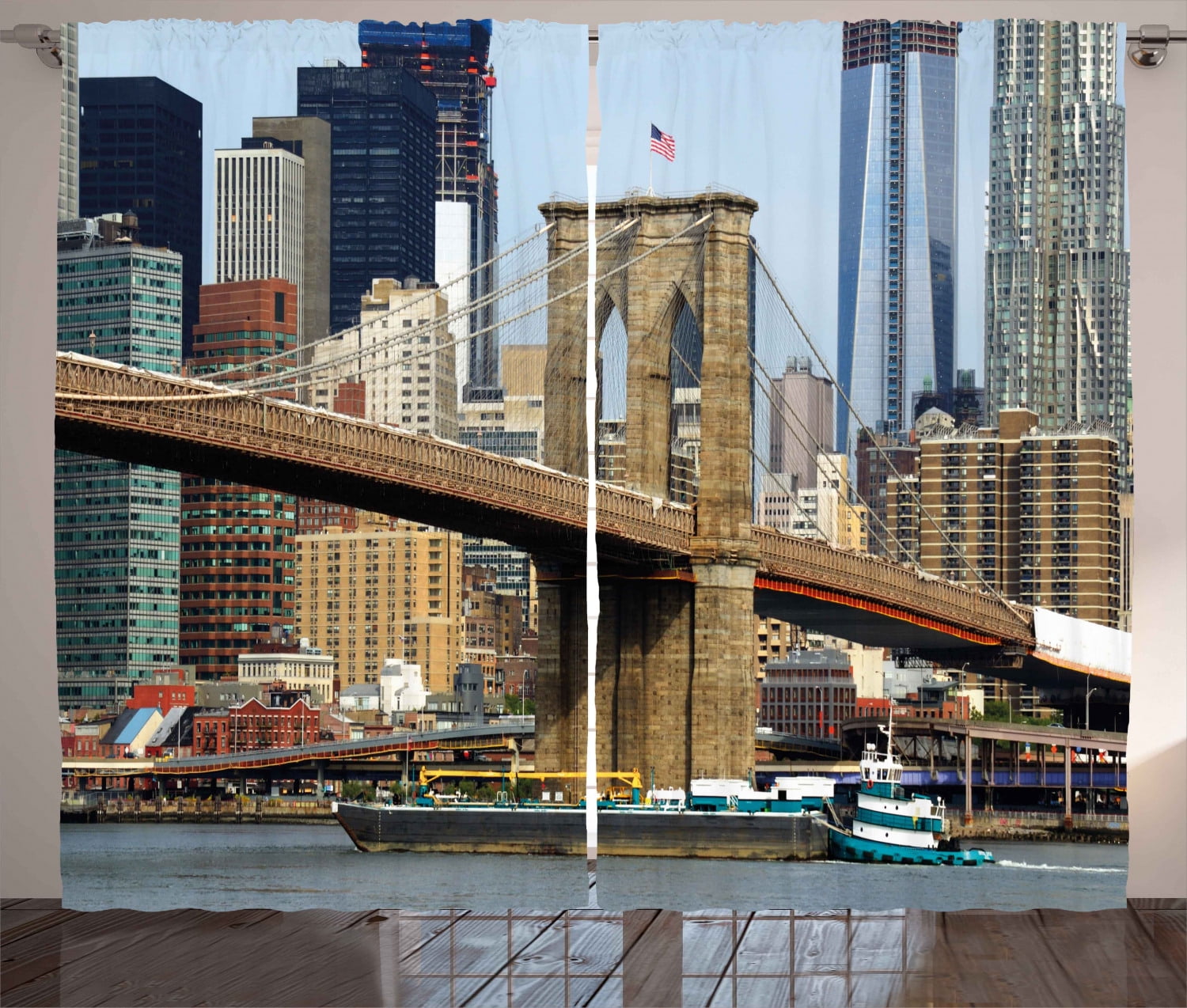 Ambesonne Urban Curtains 2 Panel Set, Skyline of Brooklyn NYC, 108" x ...