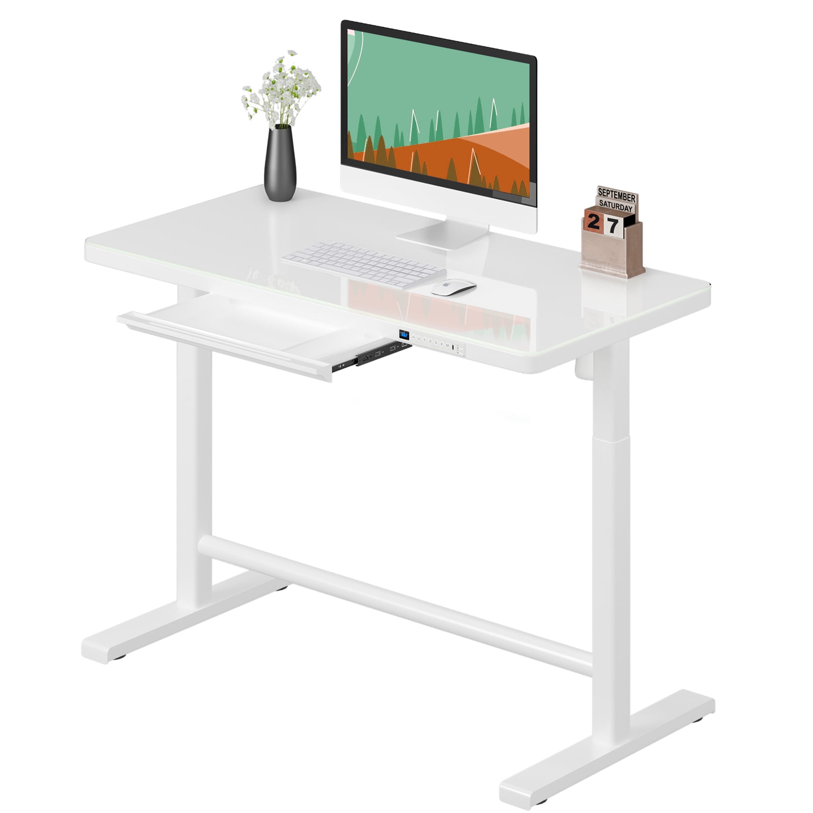 Urban Deco Electric Adjustable Desk, 45x24'' Glass Stand-Up, Drawer ...