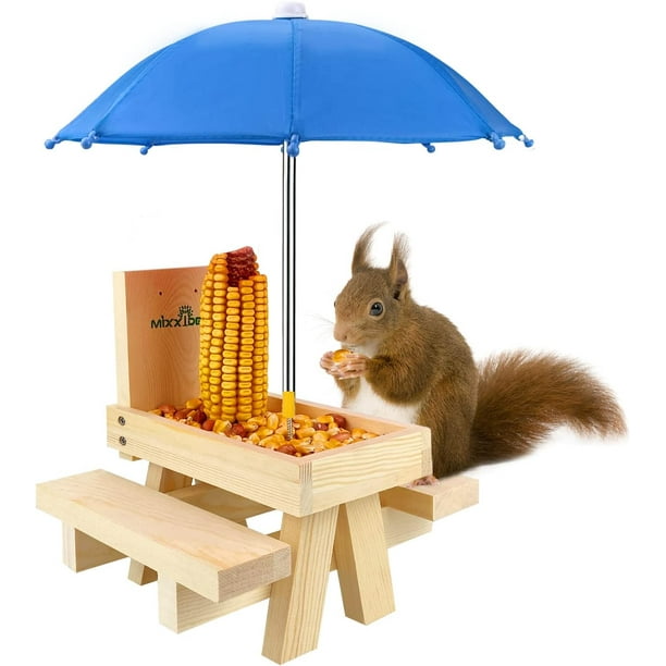 Urban Deco Squirrel Feeder Picnic Table with Umbrella, Wooden Squirrel ...
