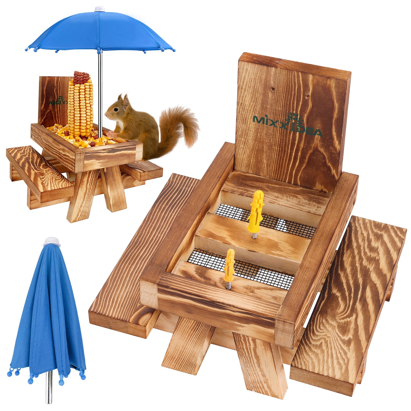 Urban Deco Squirrel Feeder Picnic Table with Umbrella, Wooden Squirrel ...