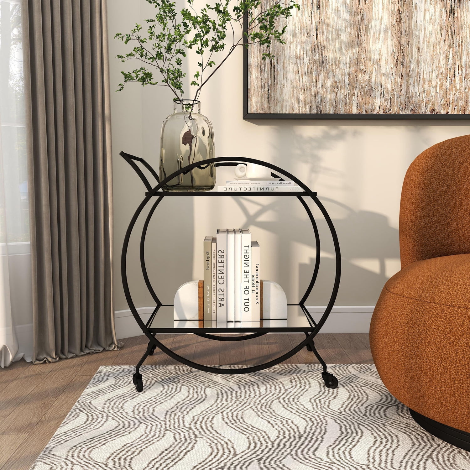 Urban Designs Luca Round Rolling Metal Bar Cart with Glass Shelves ...