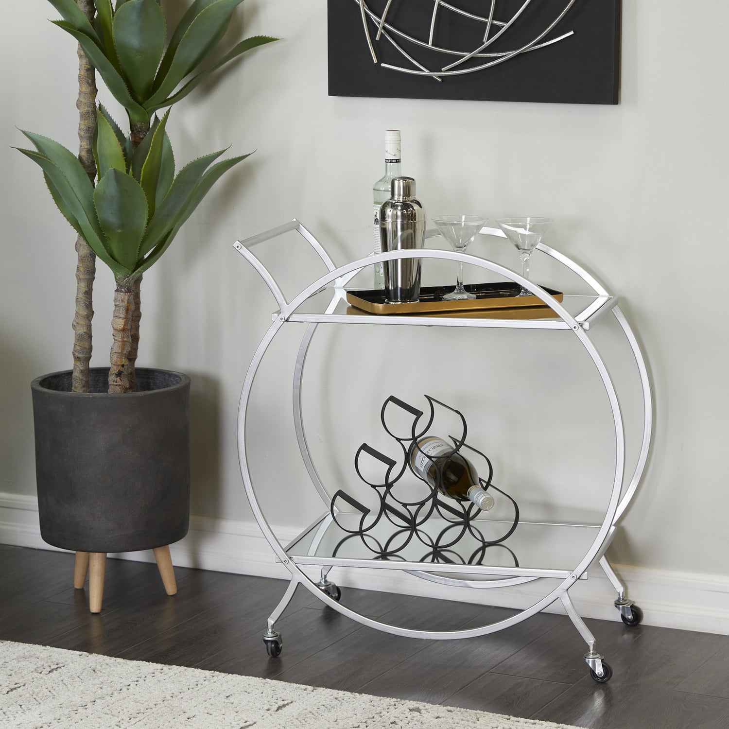 Urban Designs Luca Round Rolling Metal Bar Cart with Glass Shelves ...