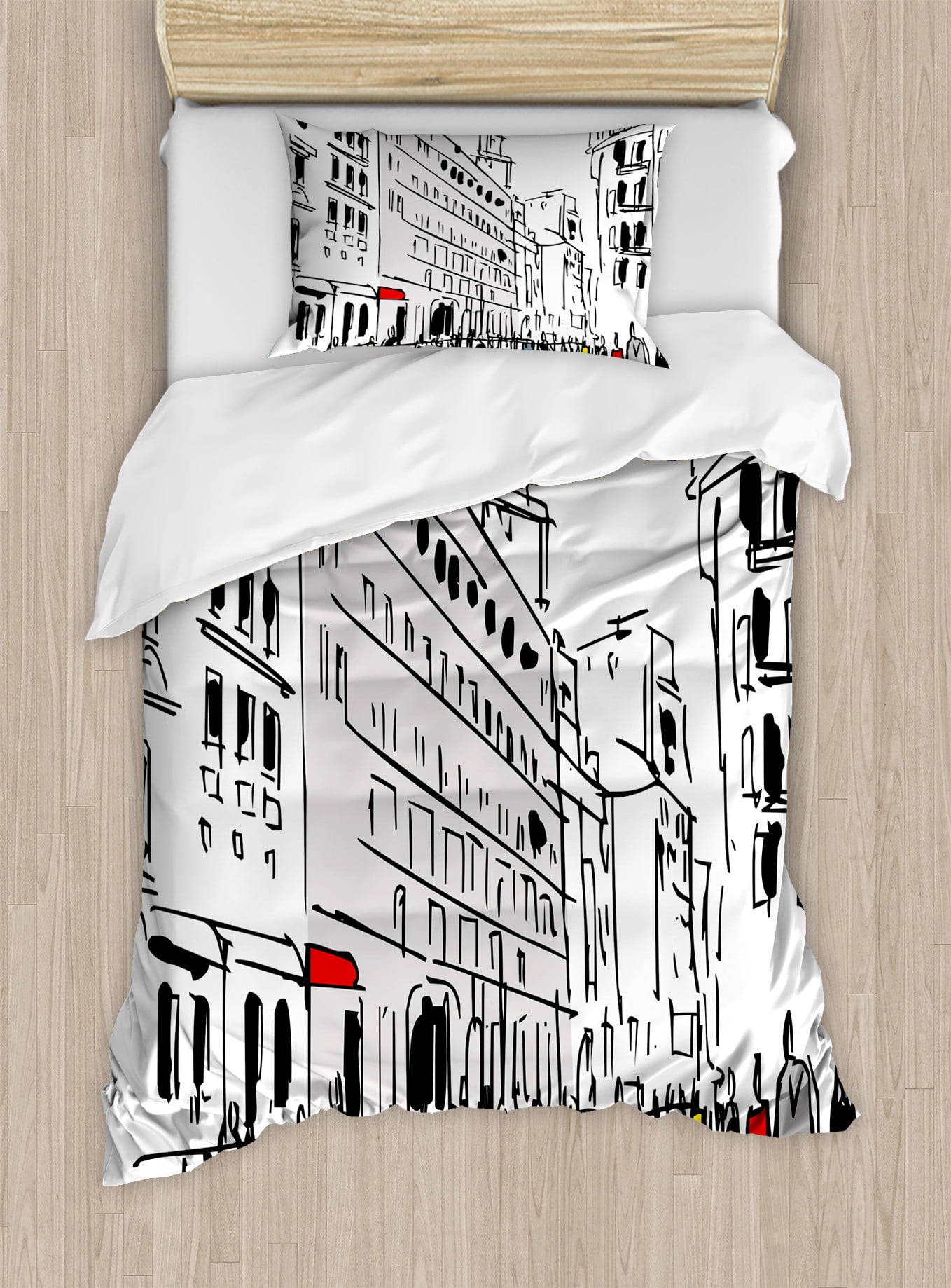 Urban Duvet Cover Set, Ink Illustration of Pedestrians on Busy Street ...