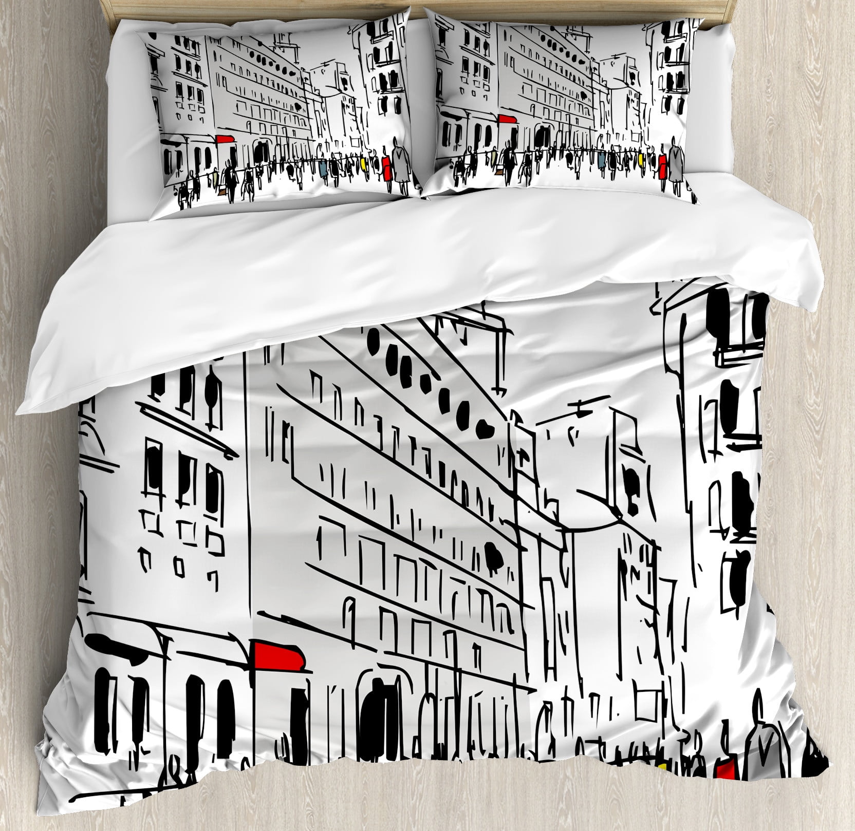 Urban Duvet Cover Set, Ink Illustration of Pedestrians on Busy Street ...