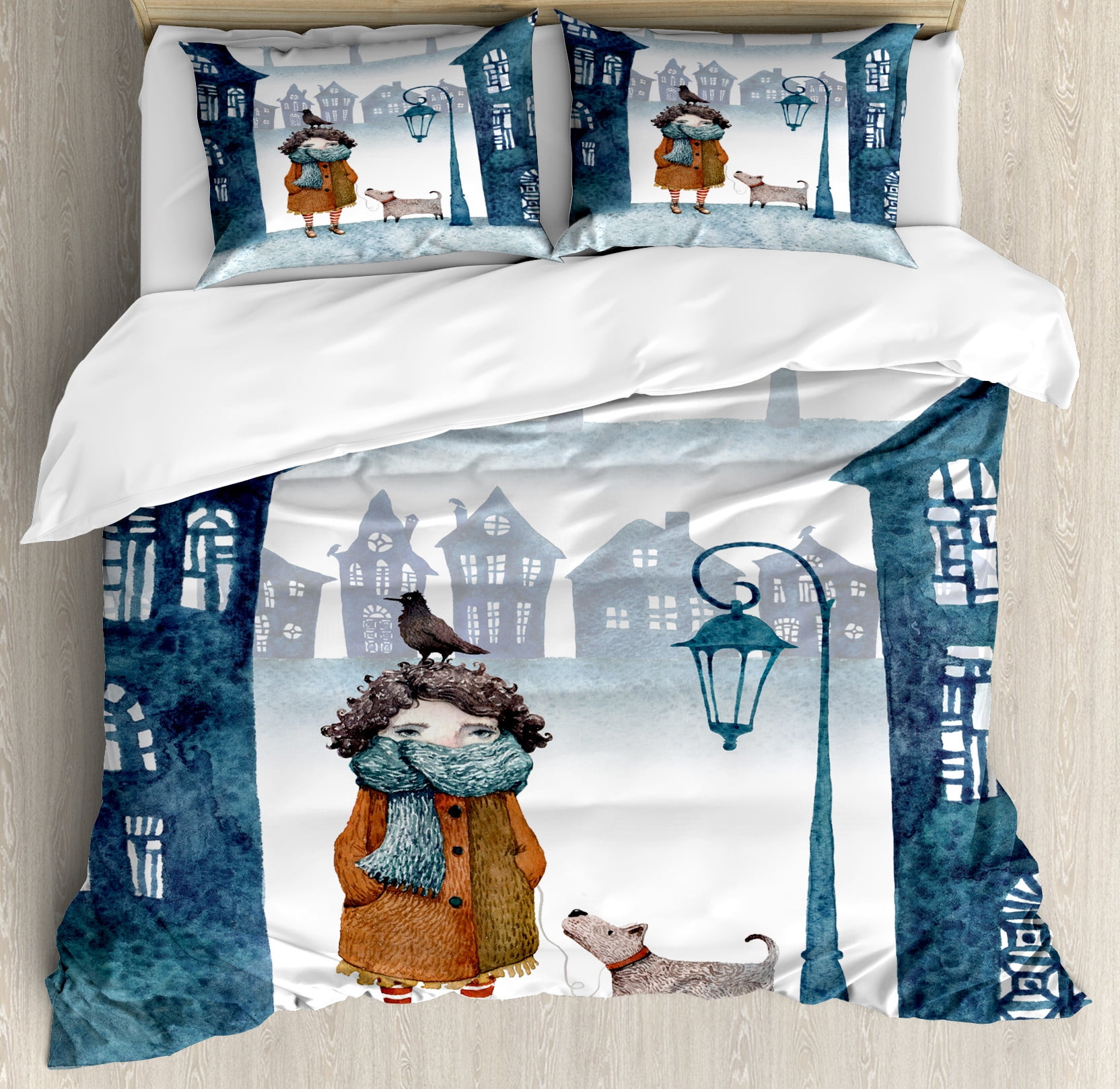 Urban Duvet Cover Set, Little Girl in Foggy Town Walking Her Bird and ...
