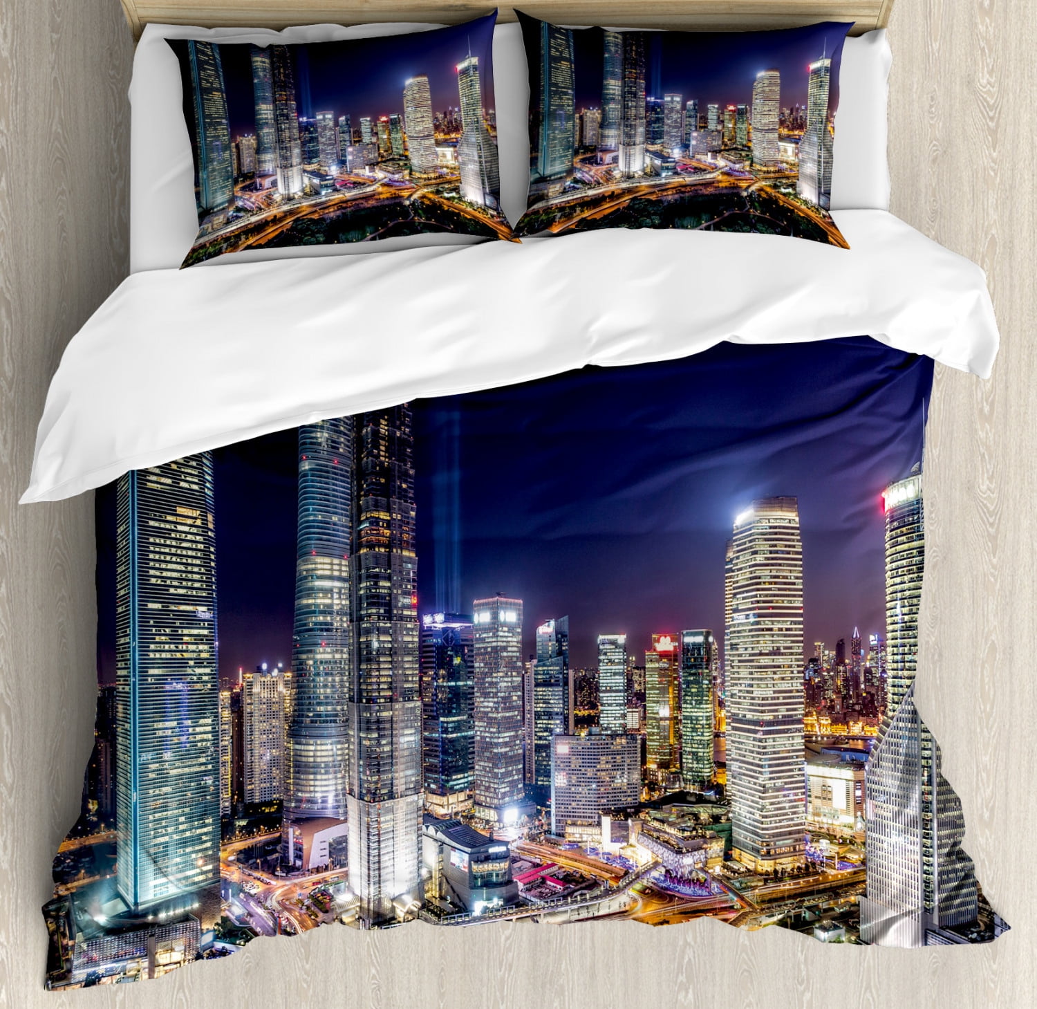 Urban Duvet Cover Set Queen Size, Skyline Illuminated Skyscrapers in ...