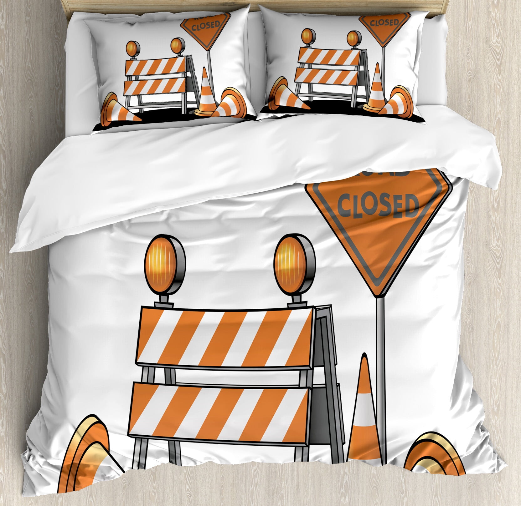 Urban Duvet Cover Set, Road Closed Sign with Traffic Warning with ...