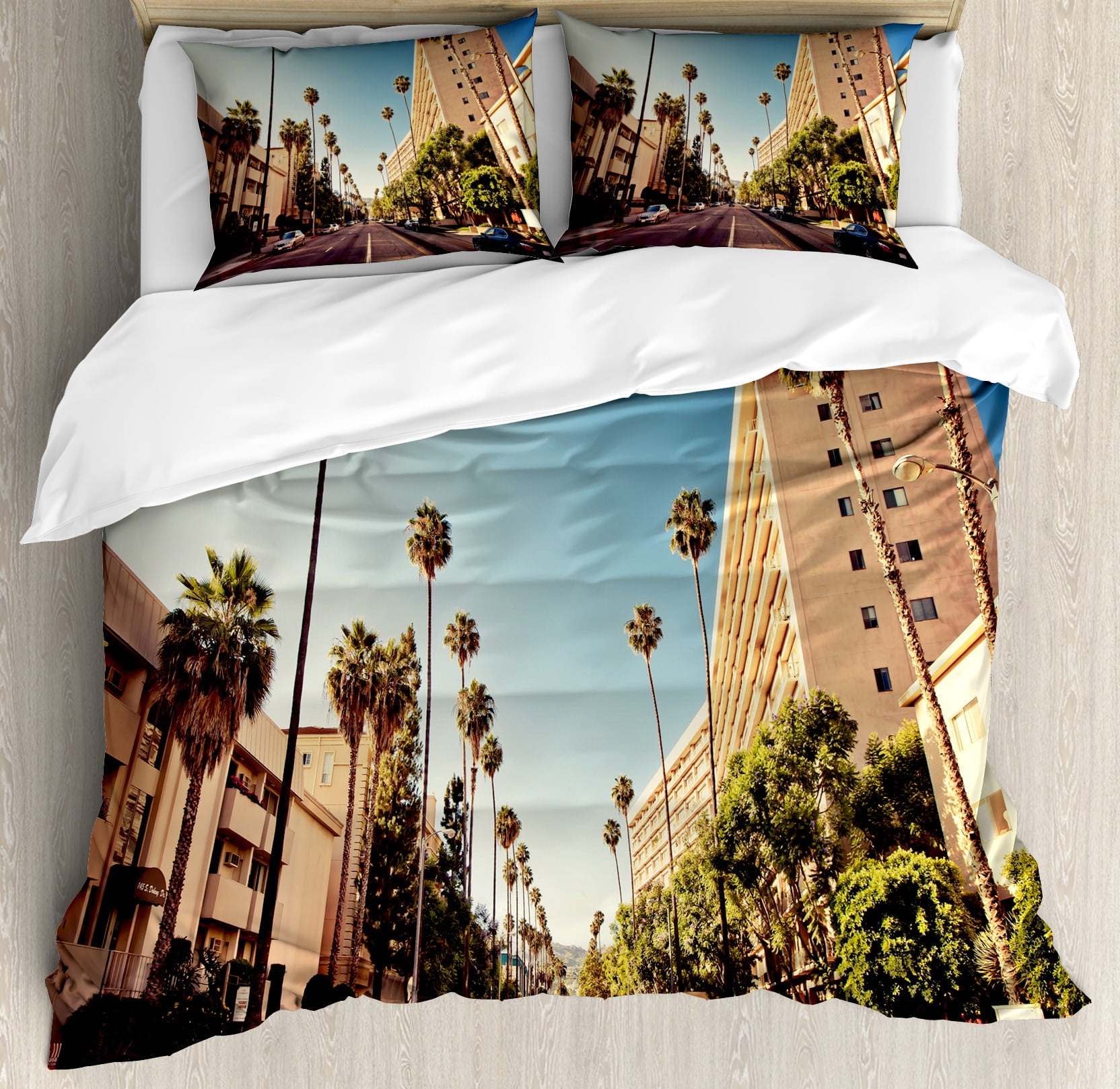 Urban Duvet Cover Set, Street in Beverly Hills CaliforniPalm Trees ...