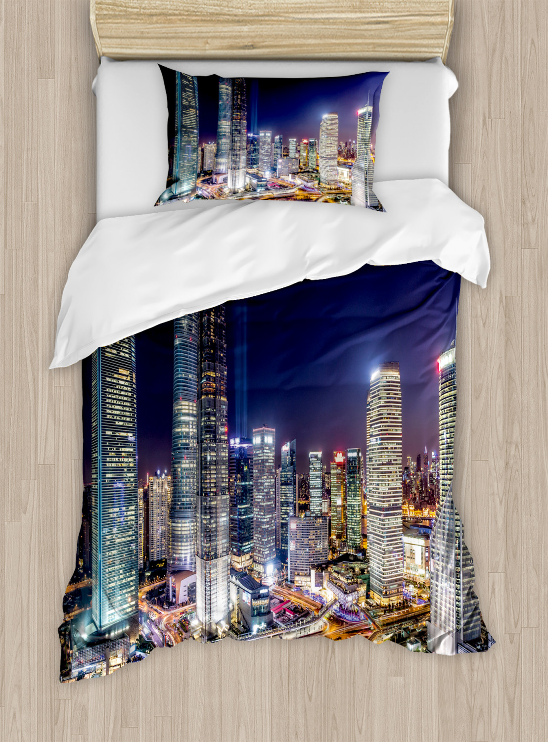 Urban Duvet Cover Set Twin Size, Skyline Illuminated Skyscrapers in ...