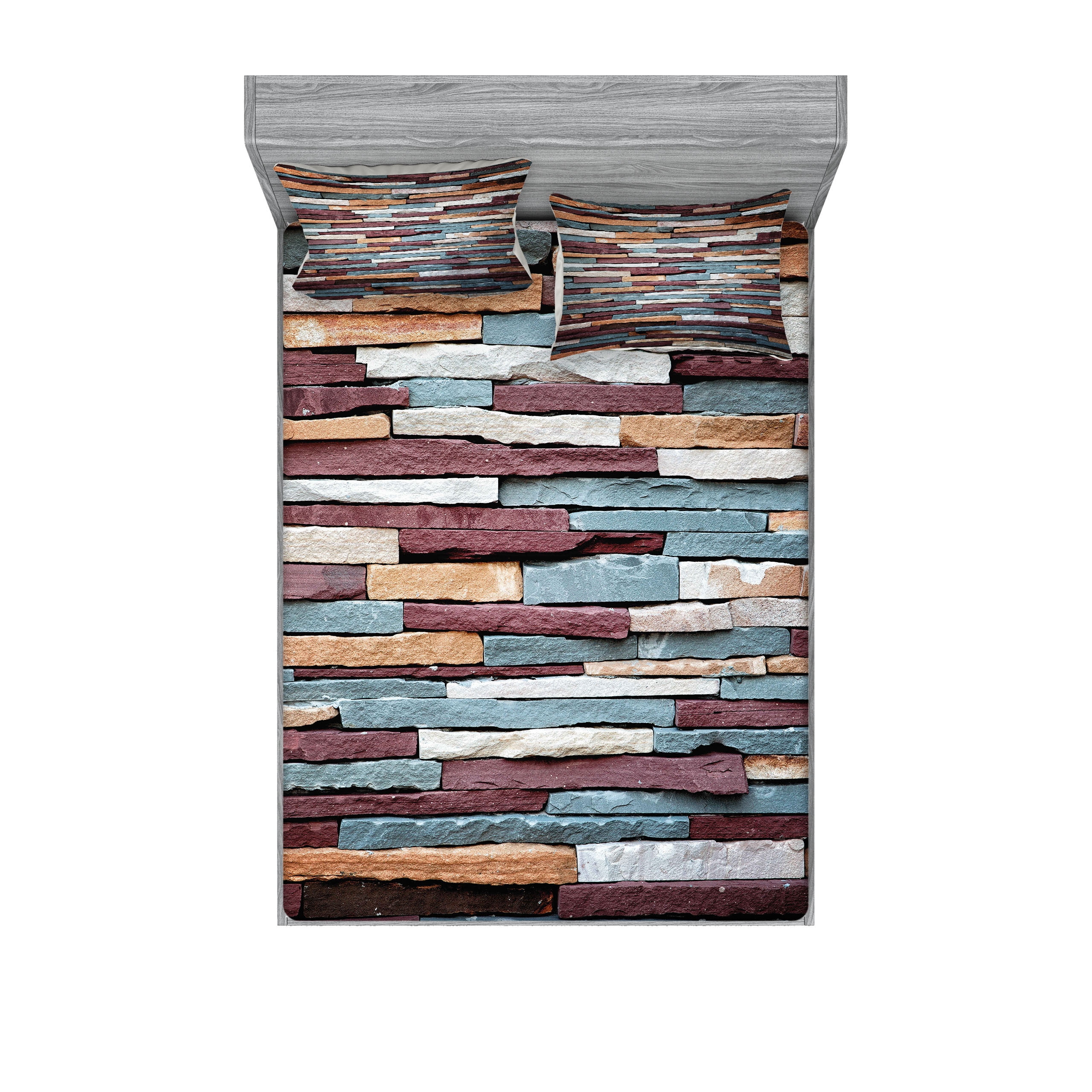 Urban Fitted Sheet & Pillow Sham Set, Colored Stone Surface Texture ...