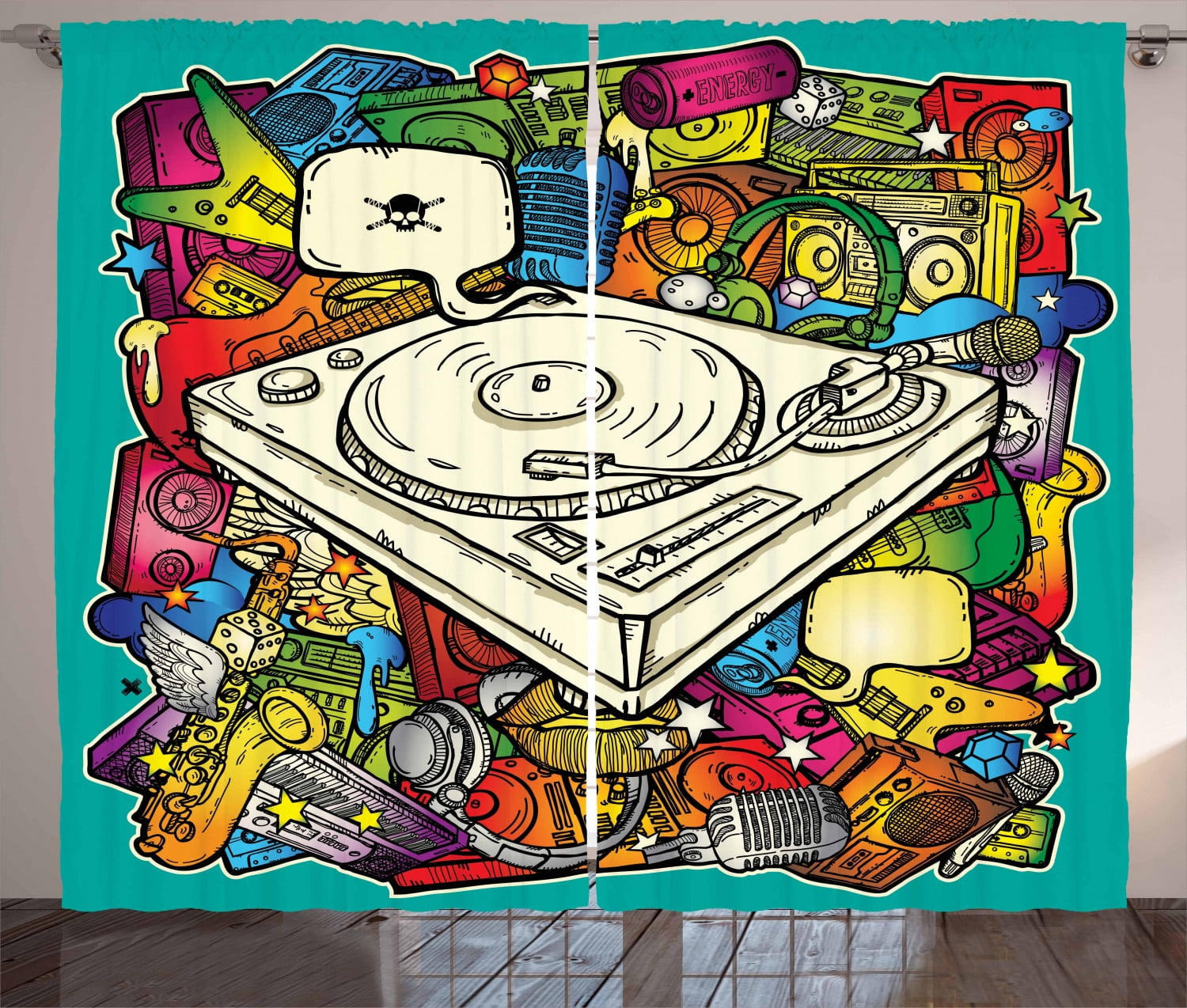 Ambesonne Urban Graffiti Curtains 2 Panel Set, Cube Microphone, 108" x ...