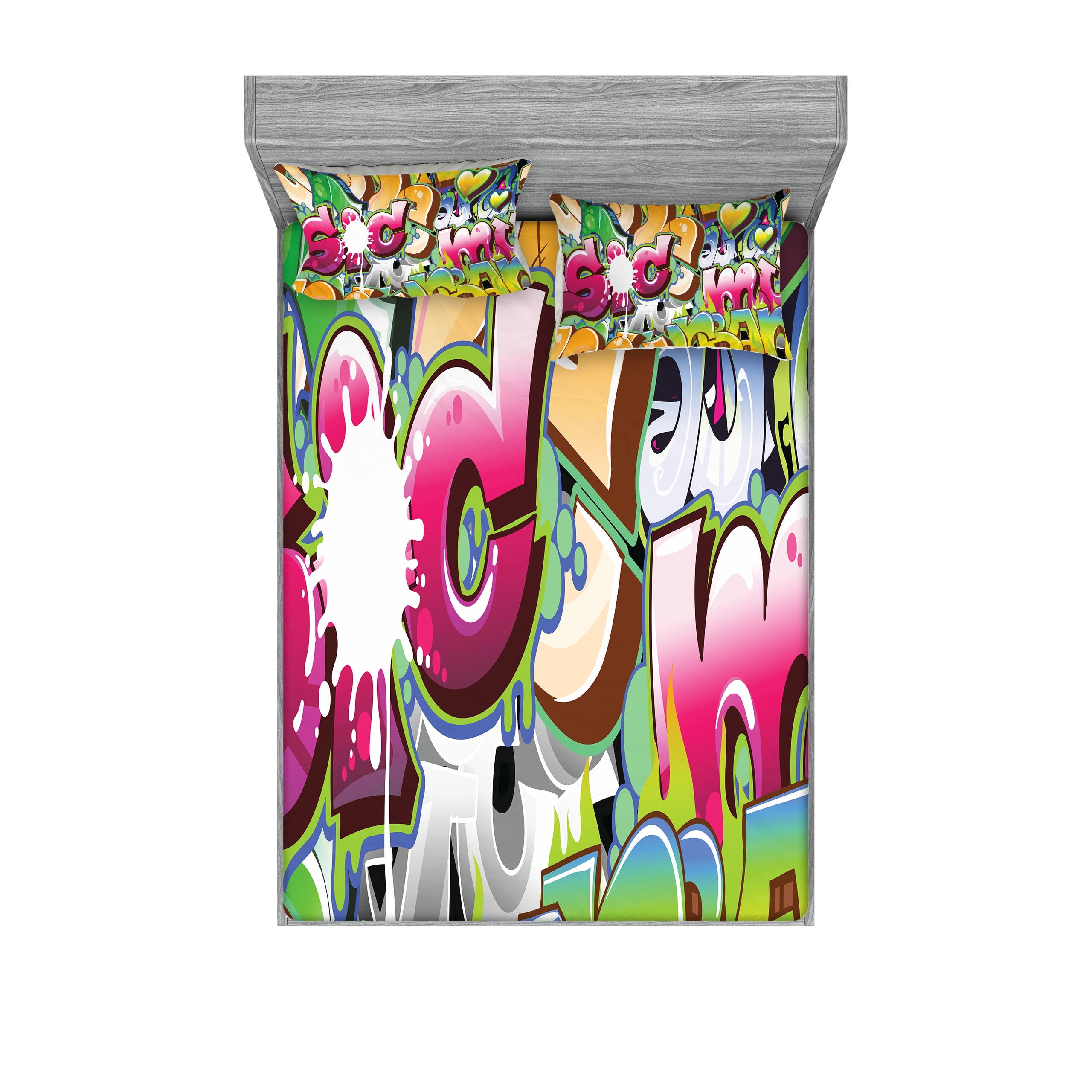 Urban Graffiti Fitted Sheet & Pillow Sham Set, Throwie Style Wall ...