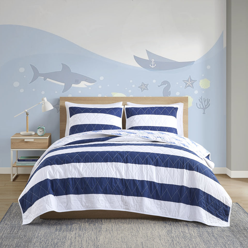 Urban Habitat Kids Cotton Twin/Twin-XL Quilt Set 2Pcs Navy Shark Cabana ...