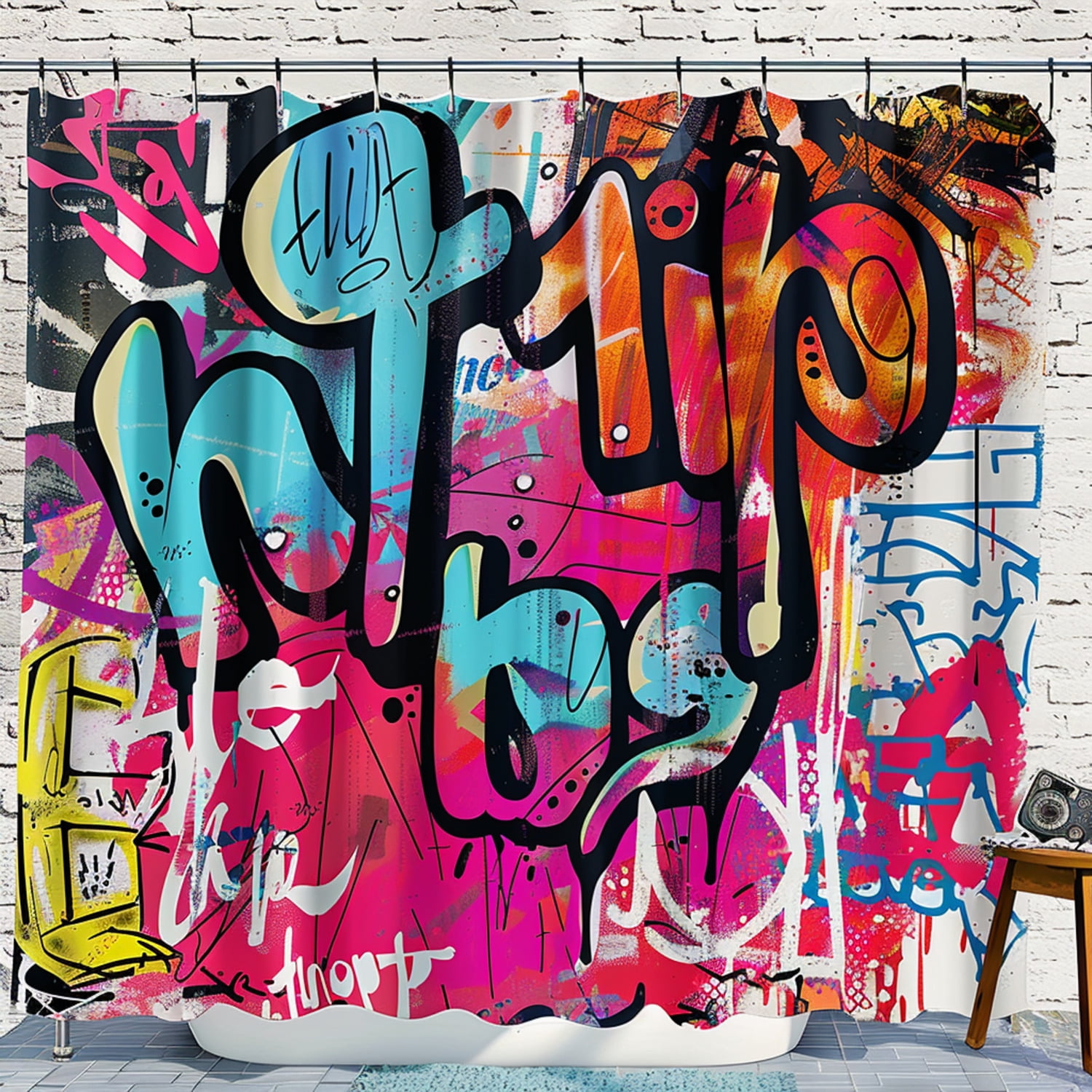 Urban Hip Hop Graffiti Shower Curtain Street Art Music Notes Hood Signs ...