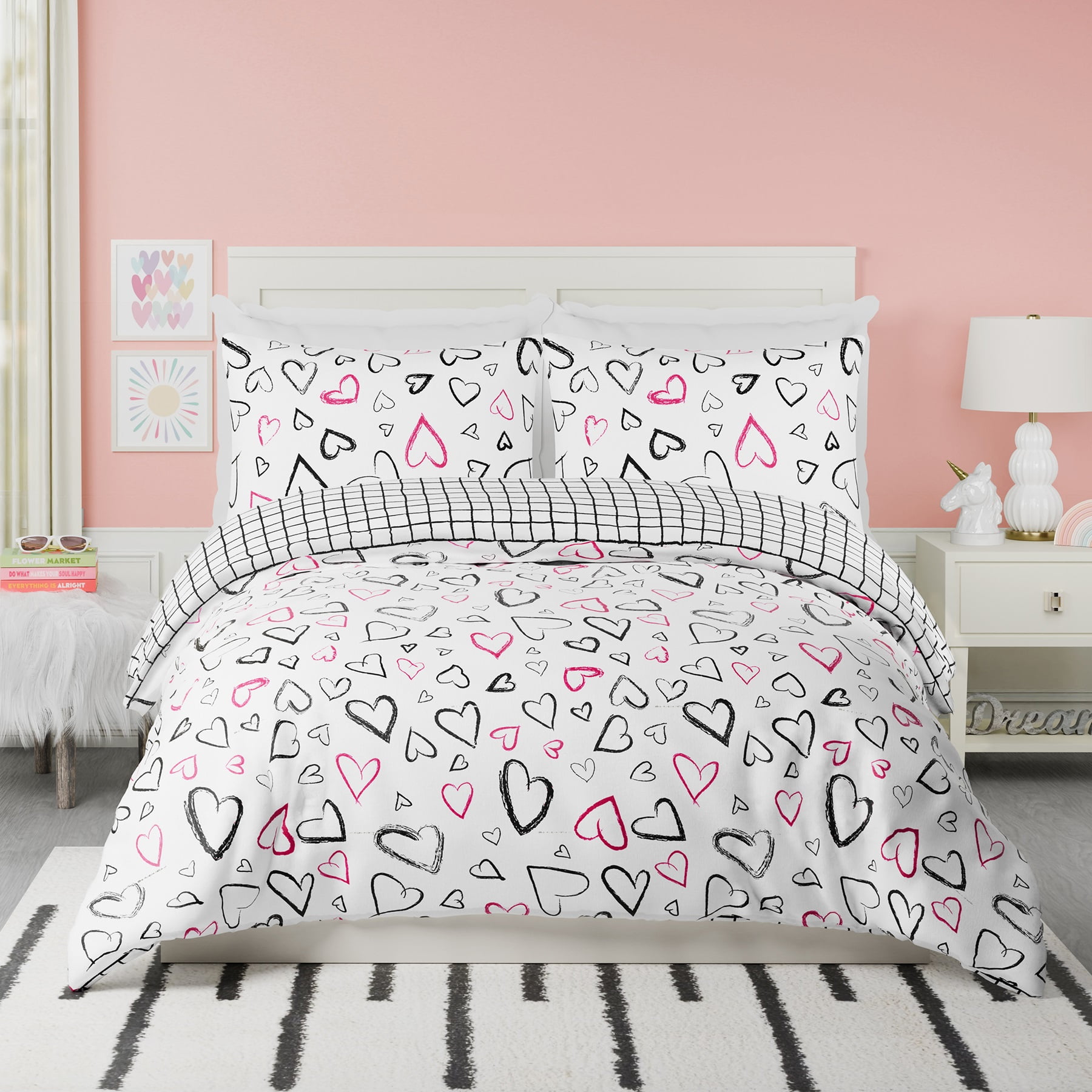 Urban Playground Kids and Teens Roxy Hearts Black and Pink 3-Piece Comforter Set, Full/Queen ...