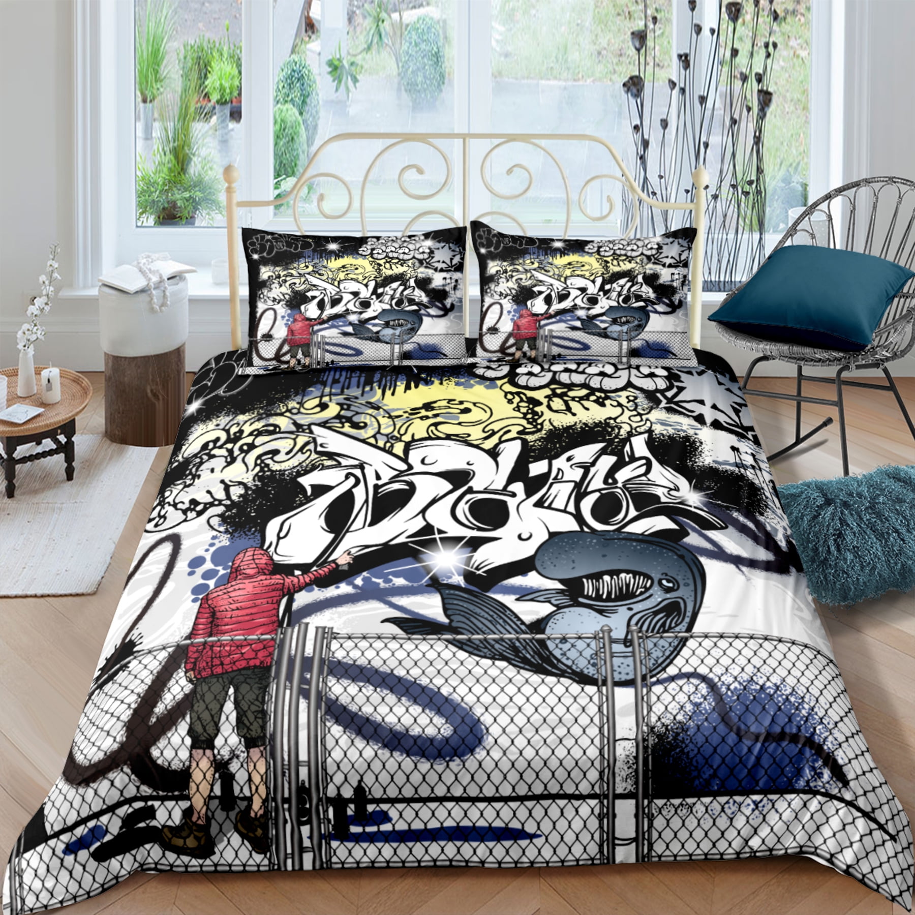Urban Street Art Bedding Set Bold Whale Graffiti Design with Red Hoodie ...