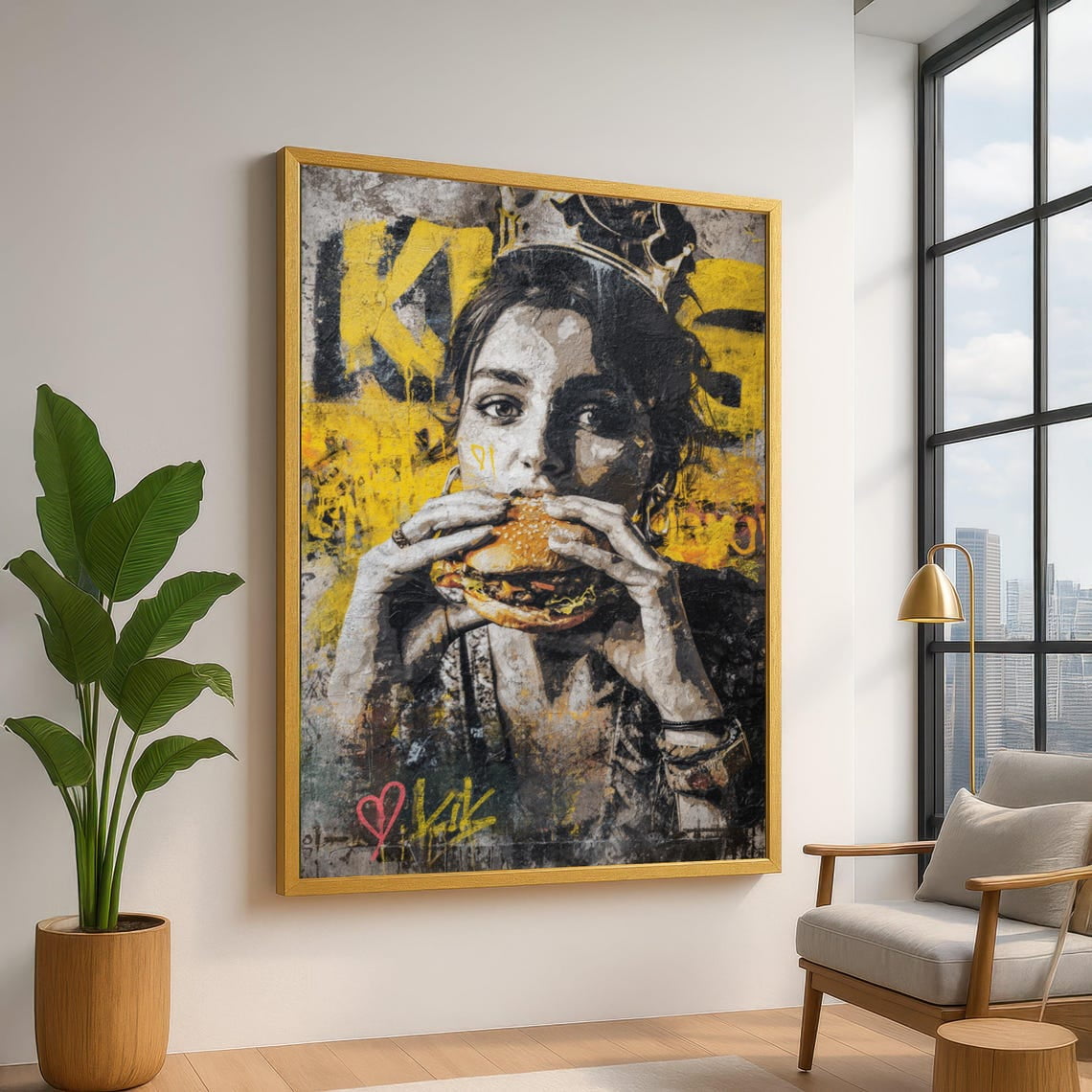 Urban Street Art Portrait Canvas, Woman Eating Burger Canvas Wall Art ...