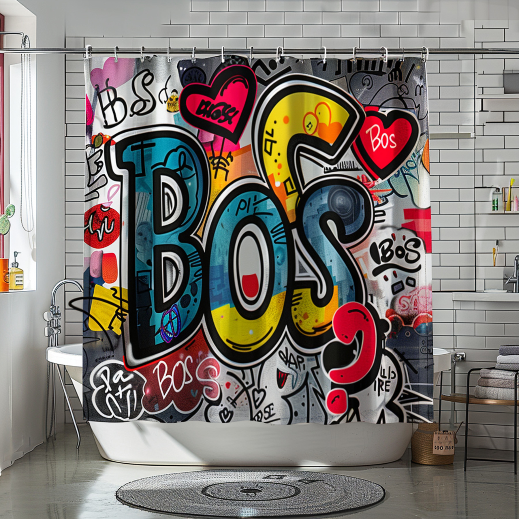 Urban Street Art Shower Curtain with Bold 'Bos' Lettering and Colorful ...